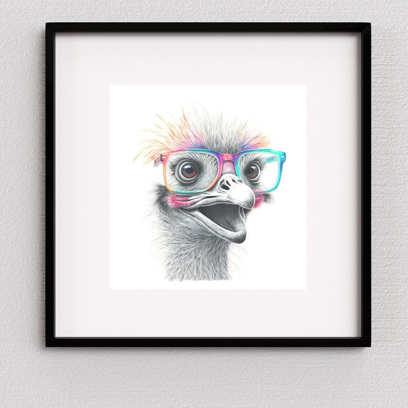 Strauß, Animal Prints, Tier mit Brille, Animal Art, druckbare Wandkunst ...
