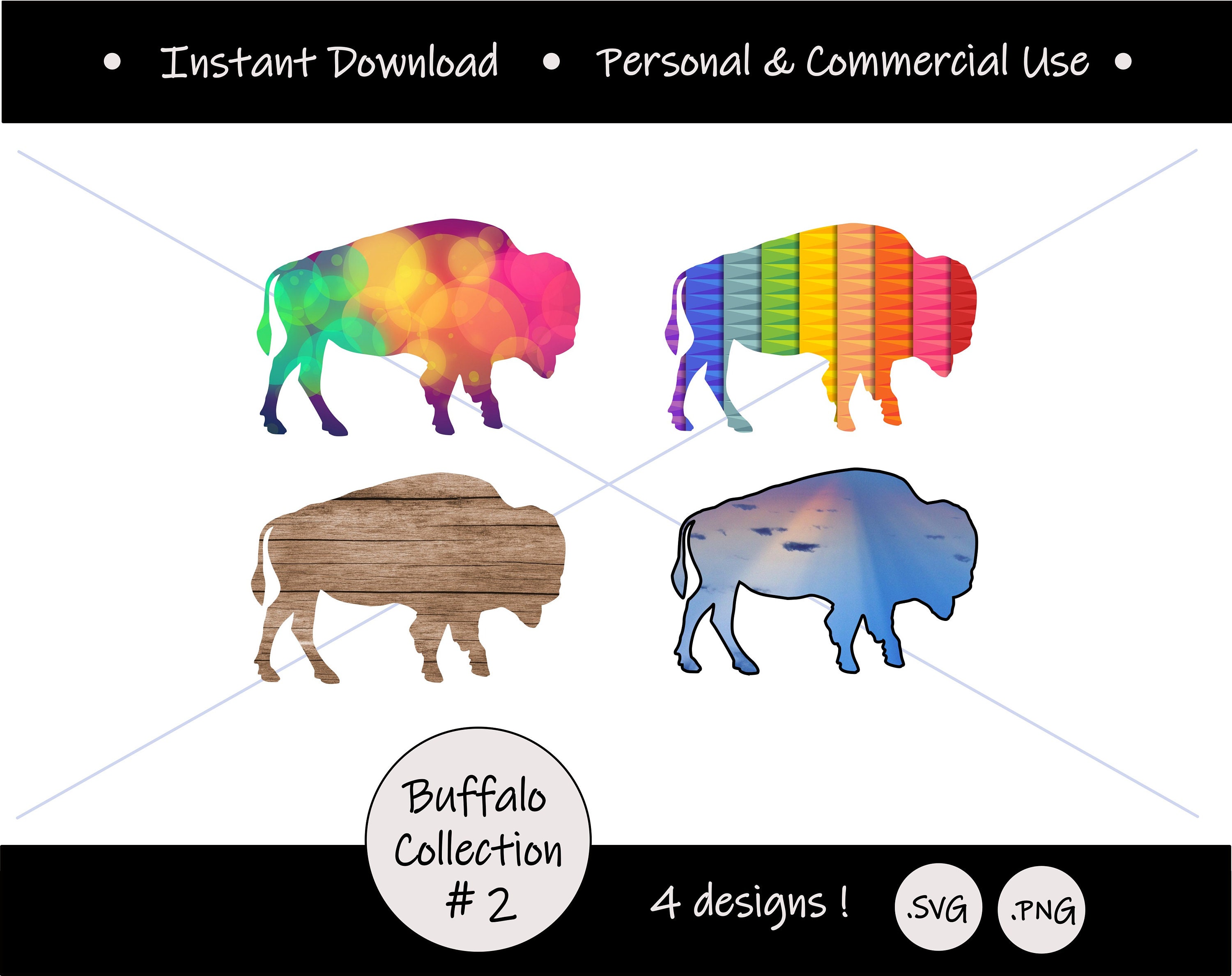 Rainbow Buffalo Shape, Buffalo With Texture Centers, as Digital File ...