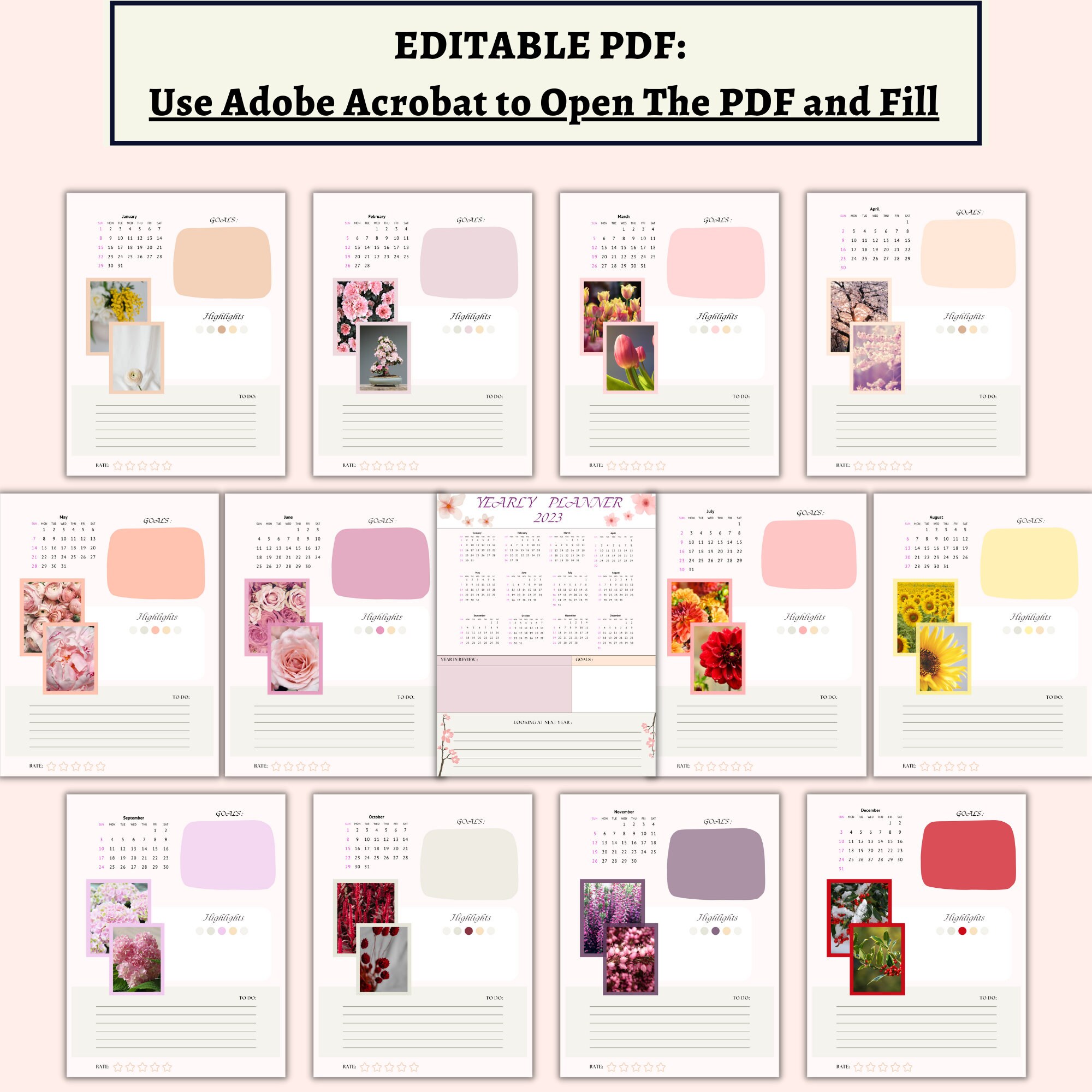 2023 Yearly Planner | Year at A Glance | Monthly Review | Yearly ...