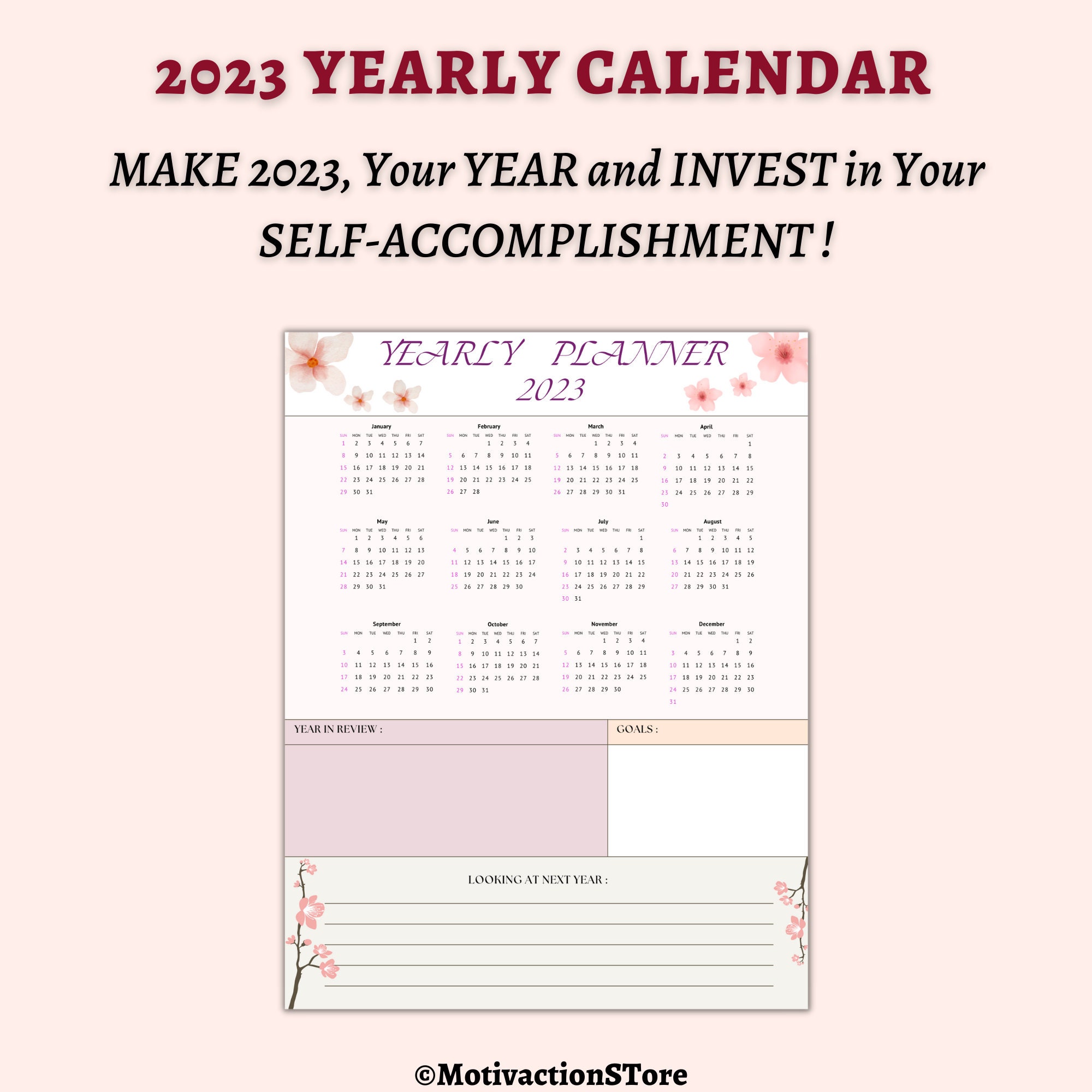 2023 Yearly Planner | Year at A Glance | Monthly Review | Yearly ...