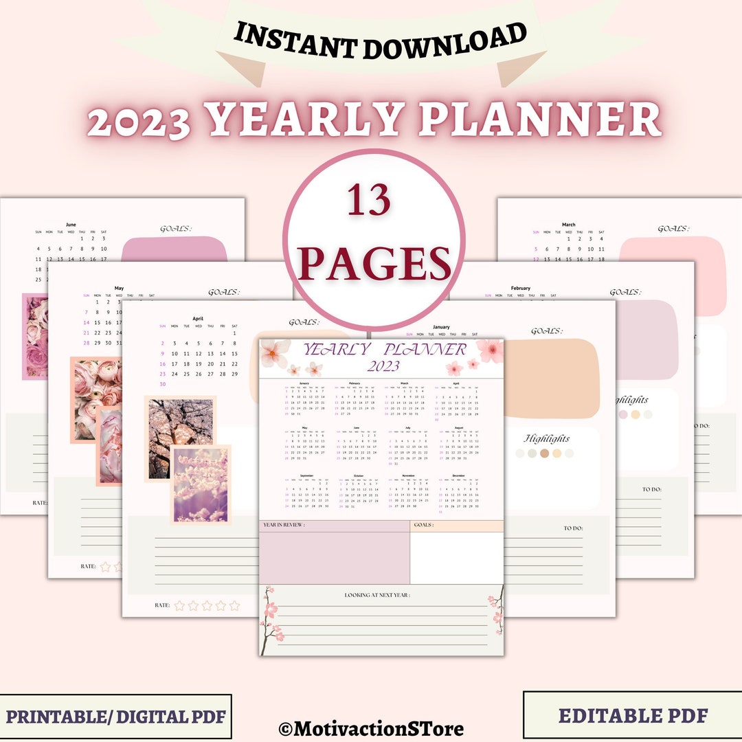 2023 Yearly Planner | Year at A Glance | Monthly Review | Yearly ...
