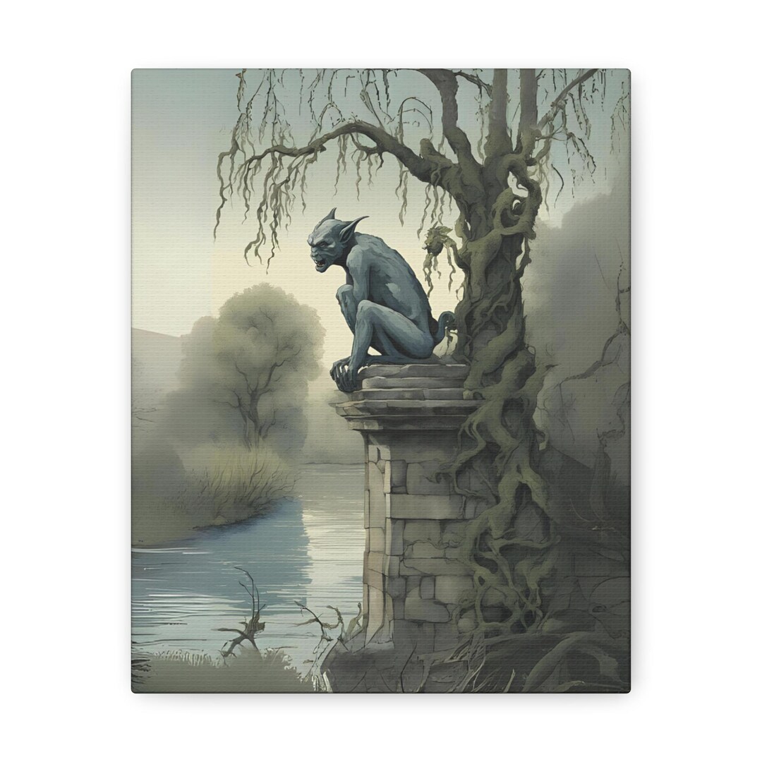 Gargoyle Canvas Wrap, Wall Art for Gothic Home Decor, Muted Tones Green ...