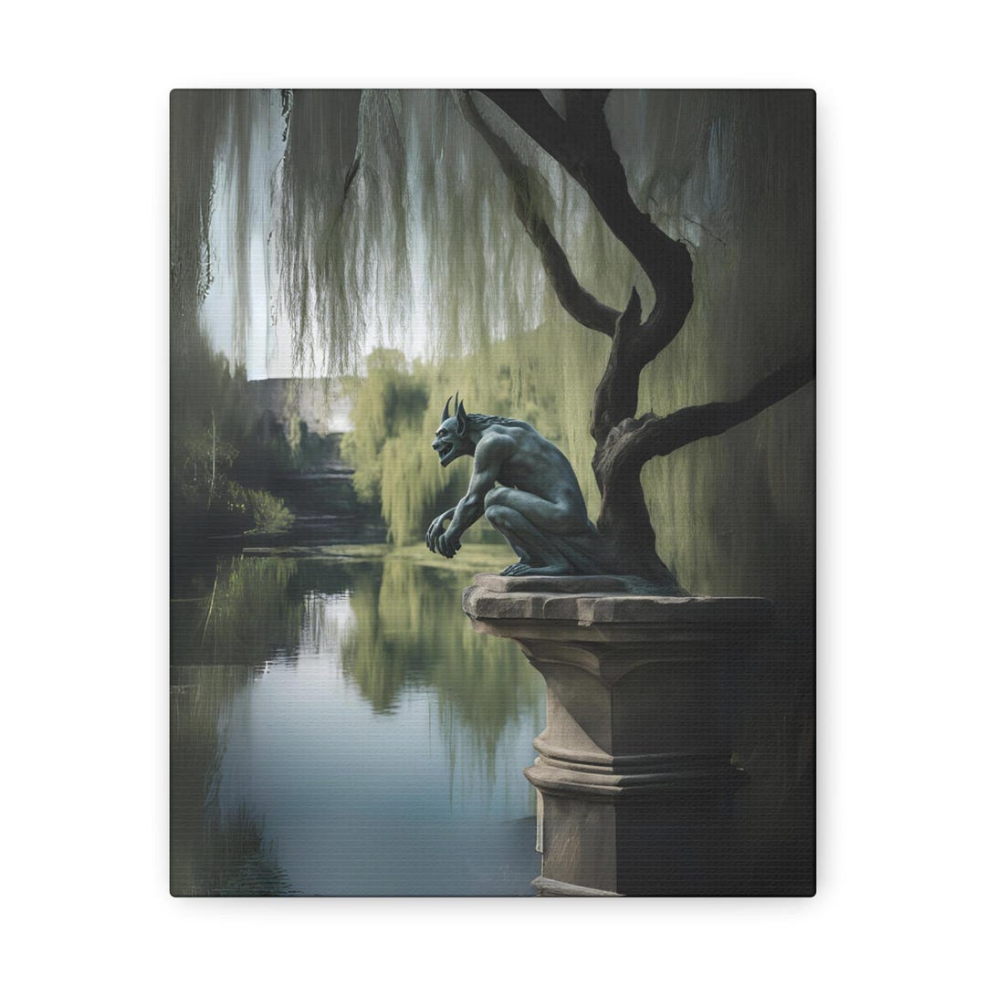 Gargoyle Canvas Wrap, Wall Art for Gothic Home Decor, Muted Tones Green ...