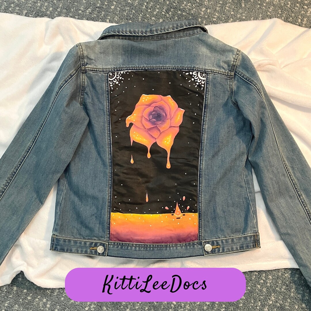 Hand Painted Denim Jacket - Sunset Rose Drips - Size Medium - Jean and ...