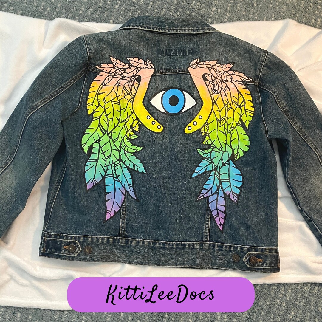 Hand Painted Denim Jacket - Rainbow Angel Wings and Eye - Size Large ...