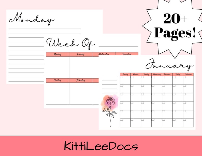 Planner - Minimalist Watercolor Rose - Printable PDF - Etsy