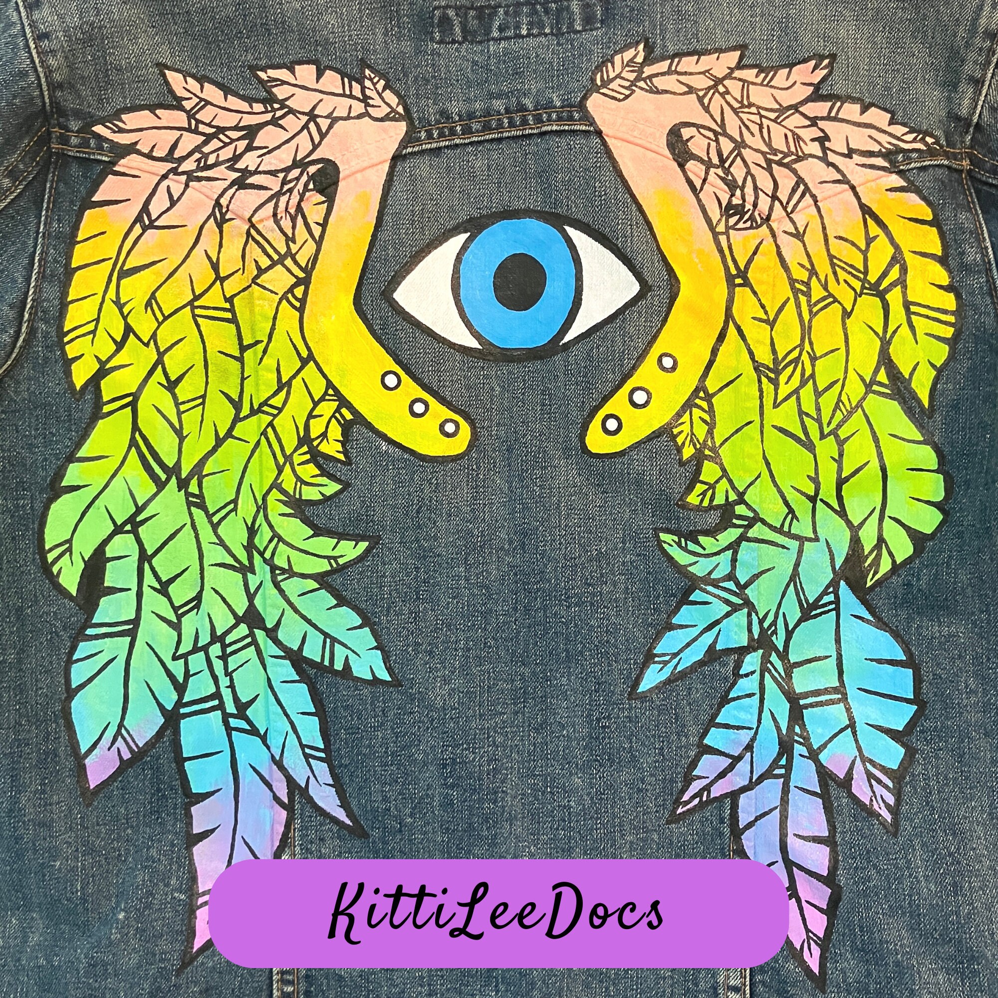 Hand Painted Denim Jacket - Rainbow Angel Wings and Eye - Size Large ...
