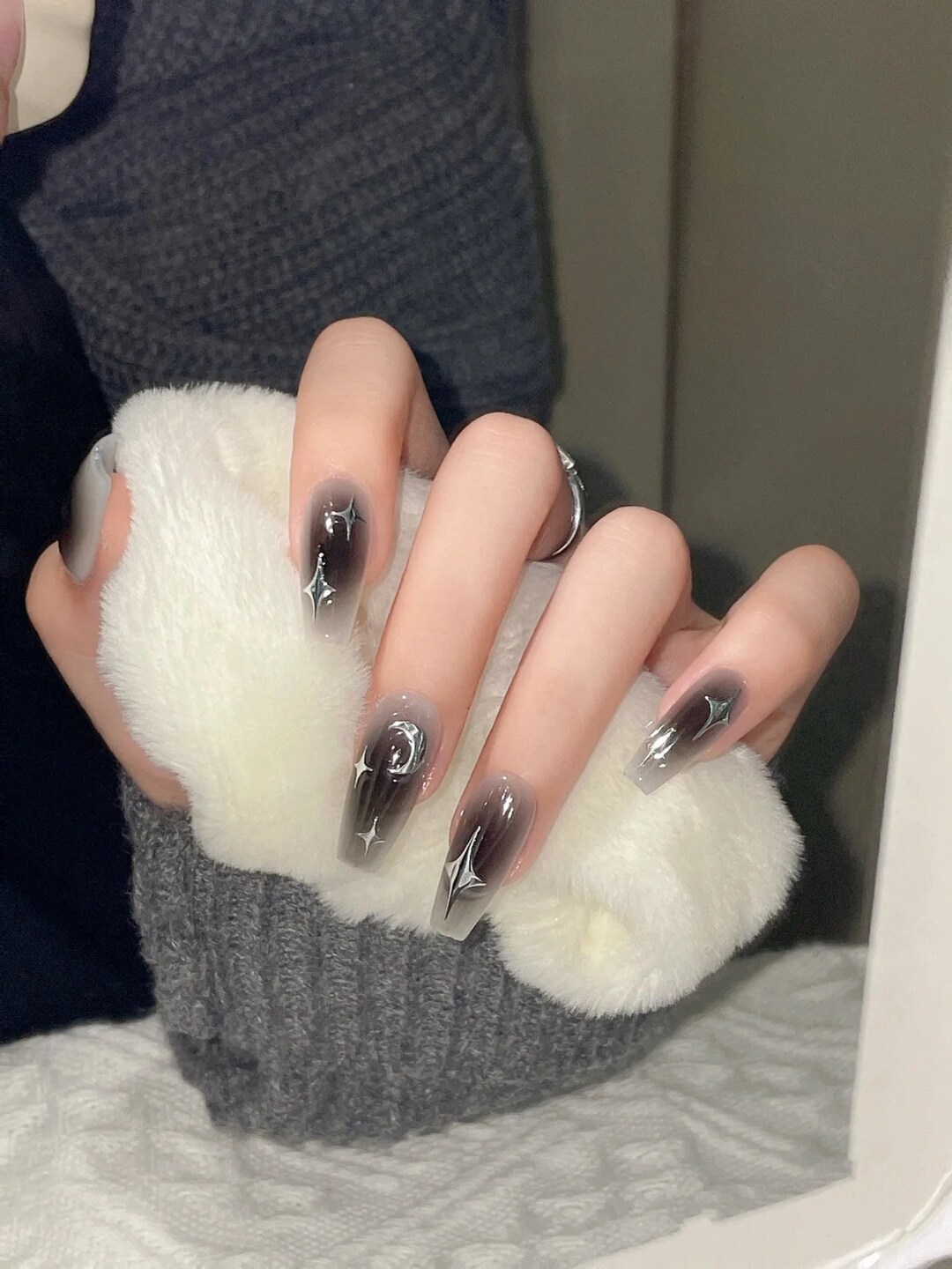 Black Silver Ombre Y2k Punk Nails Handmade Press on Nails Cool Girl ...