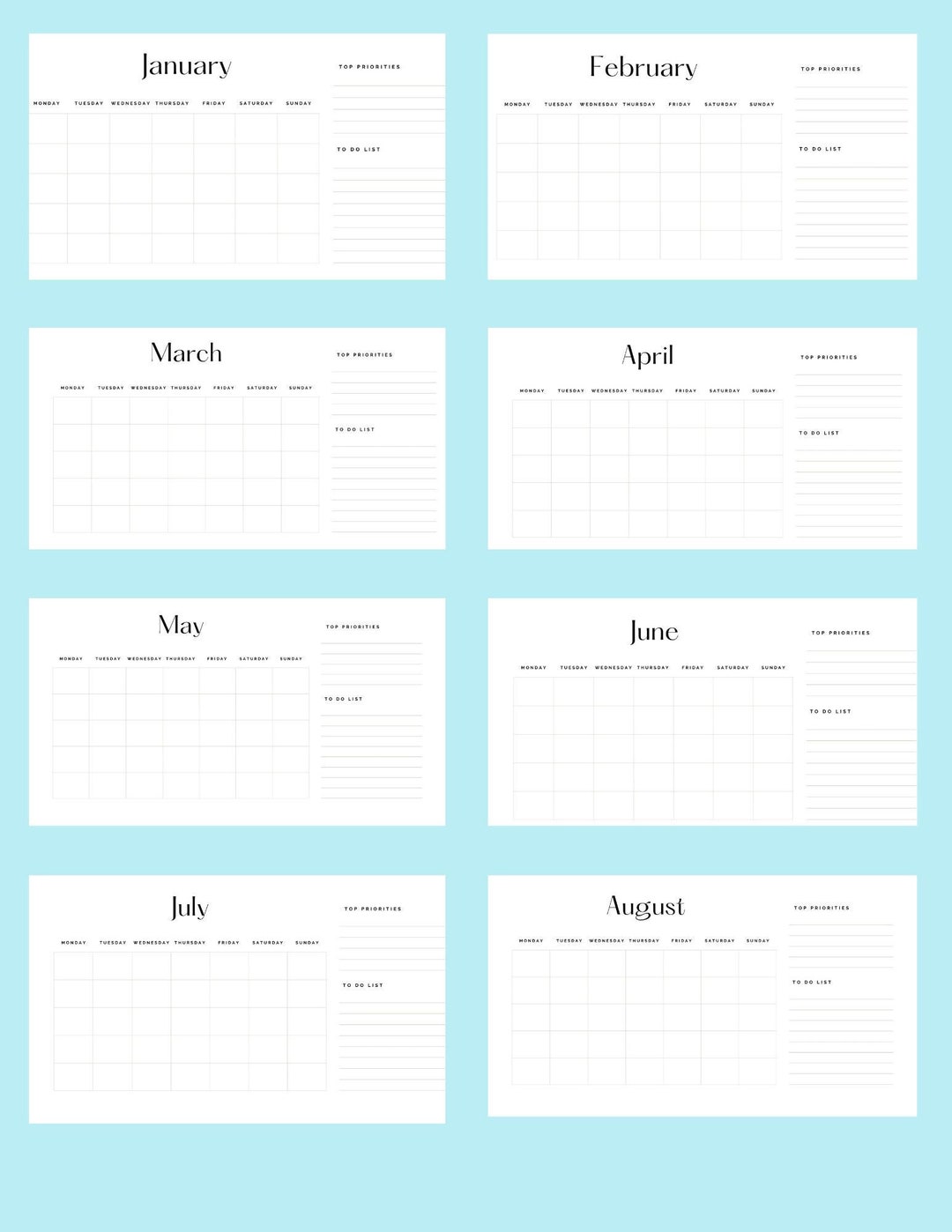 Monthly Blank Calendar, Simple Calendar, 11 X 8.5 Inches, Horizontal ...