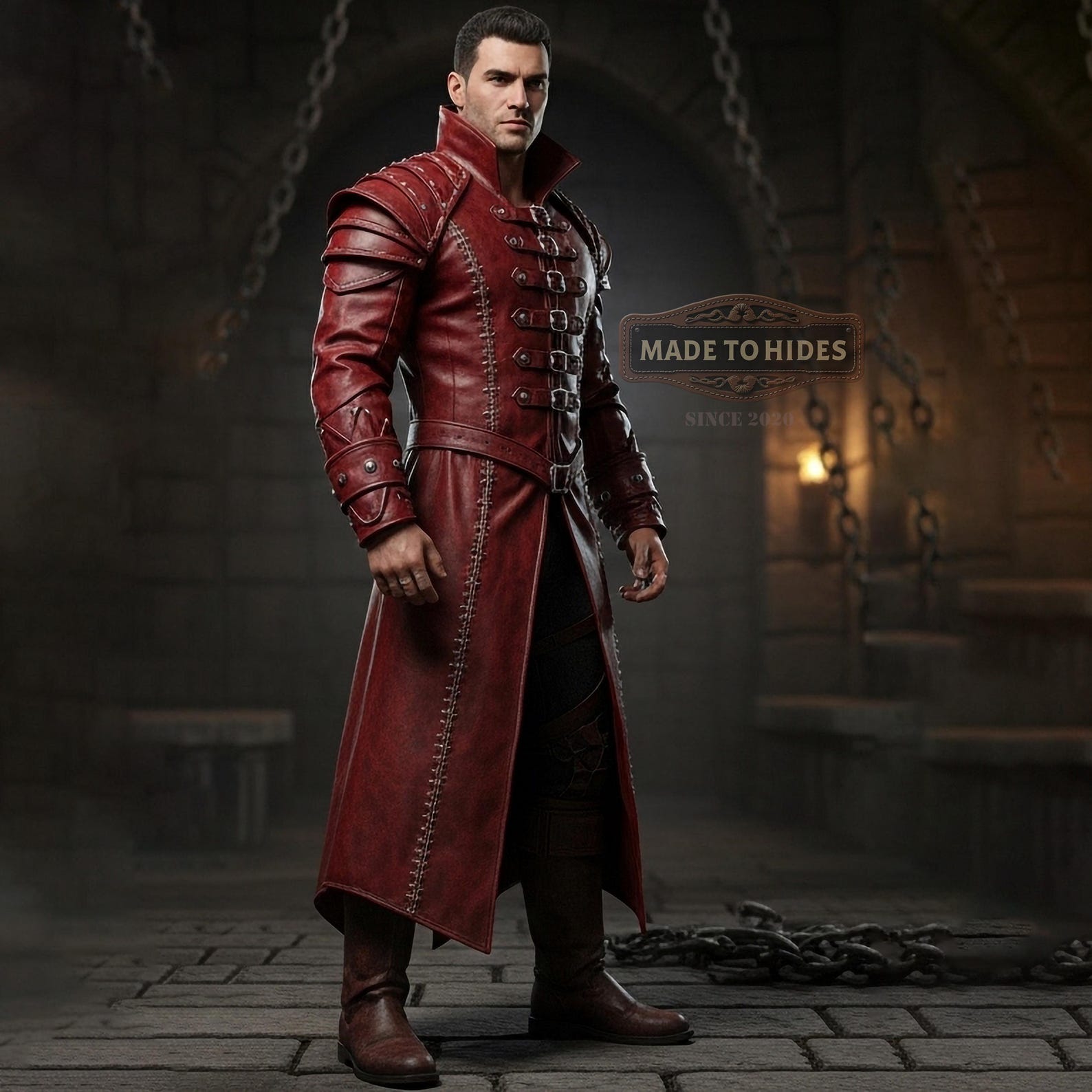 Men's Genuine Red Leather Gothic Trench Coat, Steampunk Vampire Duster ...