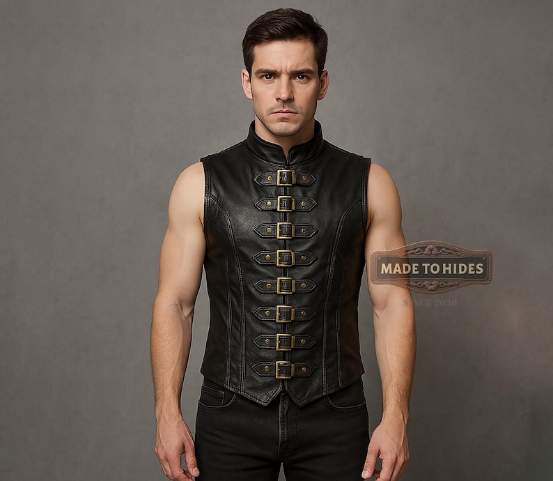 Black Leather Warrior Buckle Vest for Men | Gothic Steampunk Corset ...