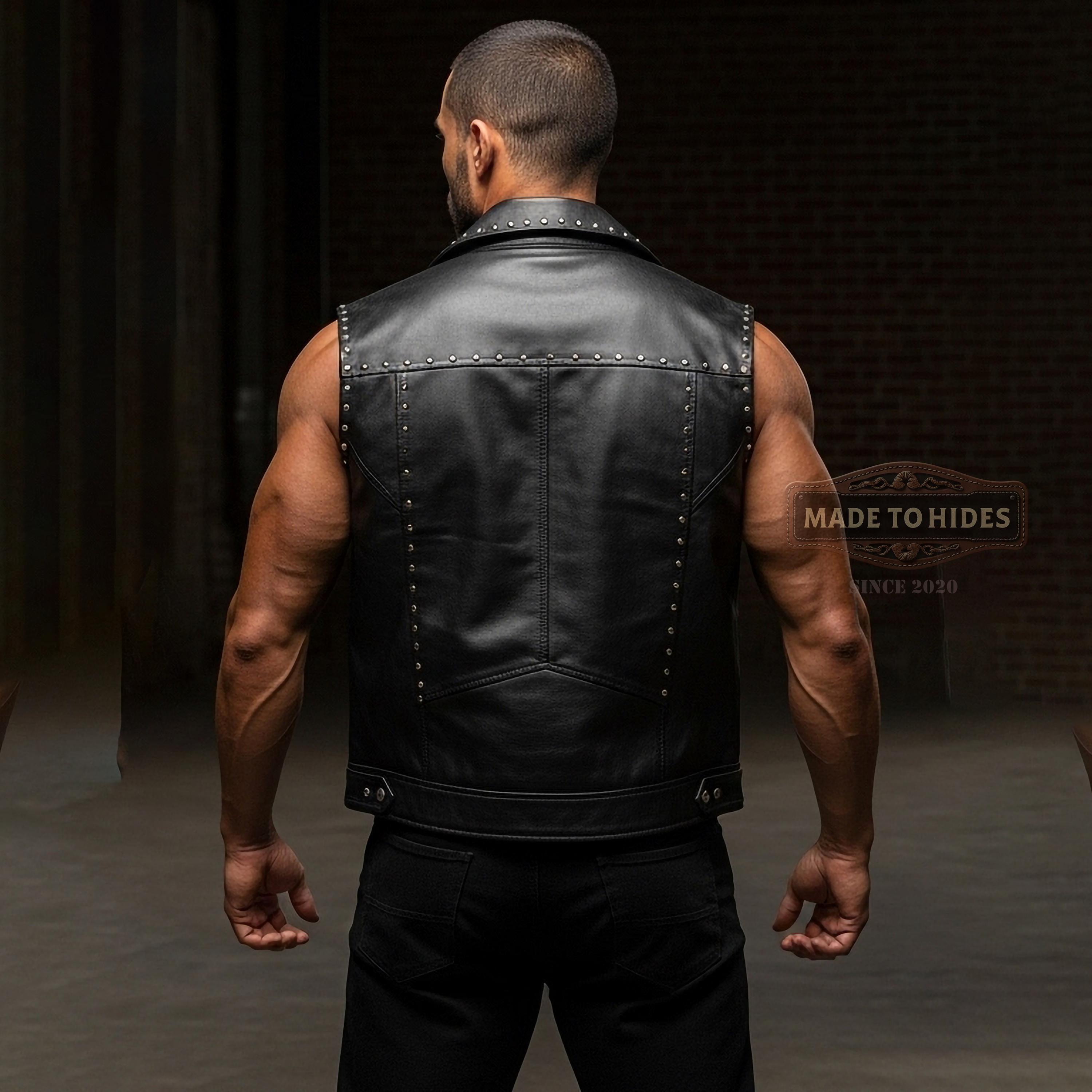 Men's Genuine Leather Biker Vest, Studded Steampunk Waistcoat, Rocker ...
