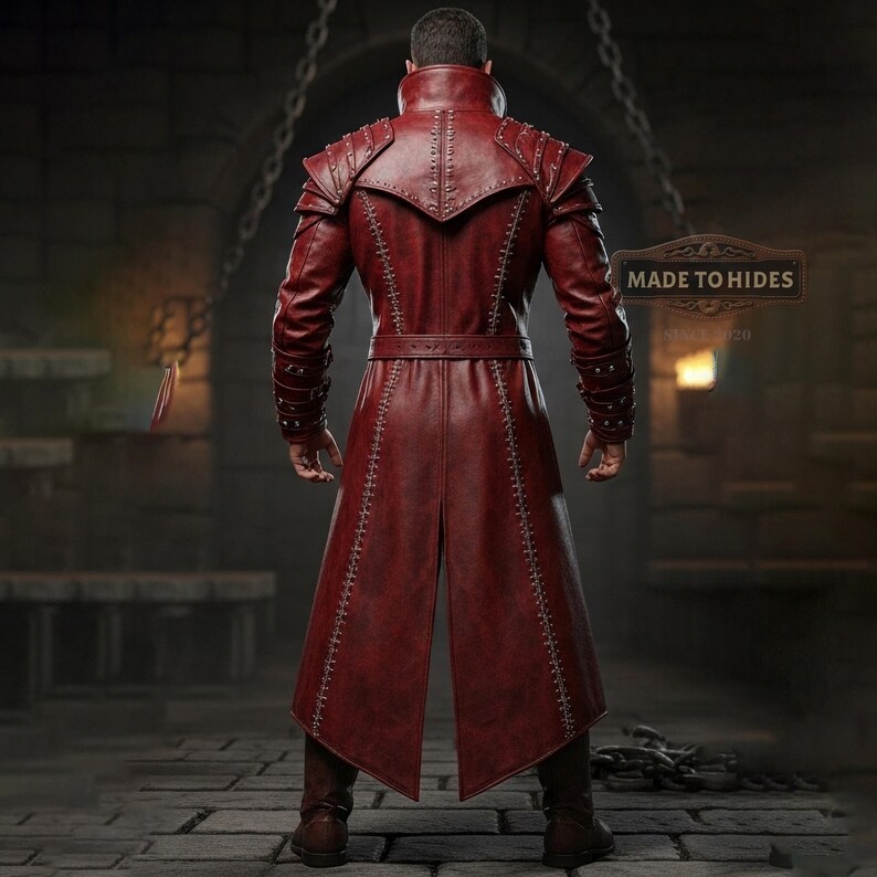 Men's Genuine Red Leather Gothic Trench Coat, Steampunk Vampire Duster ...