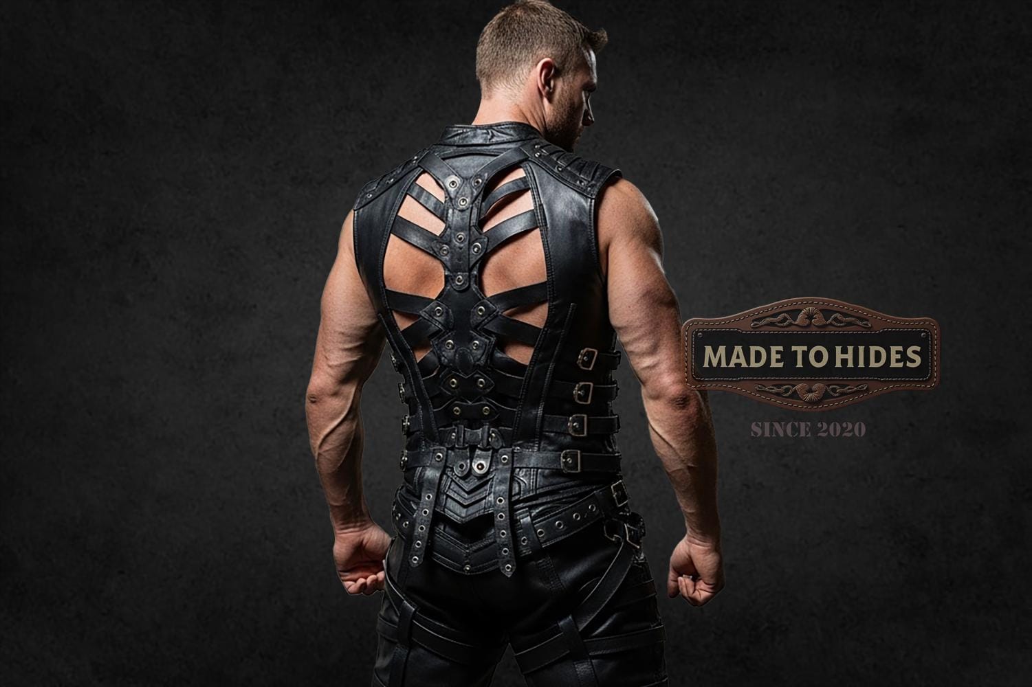 Black Genuine Leather Buckled Vest With Cutout Accents for Men | Custom ...