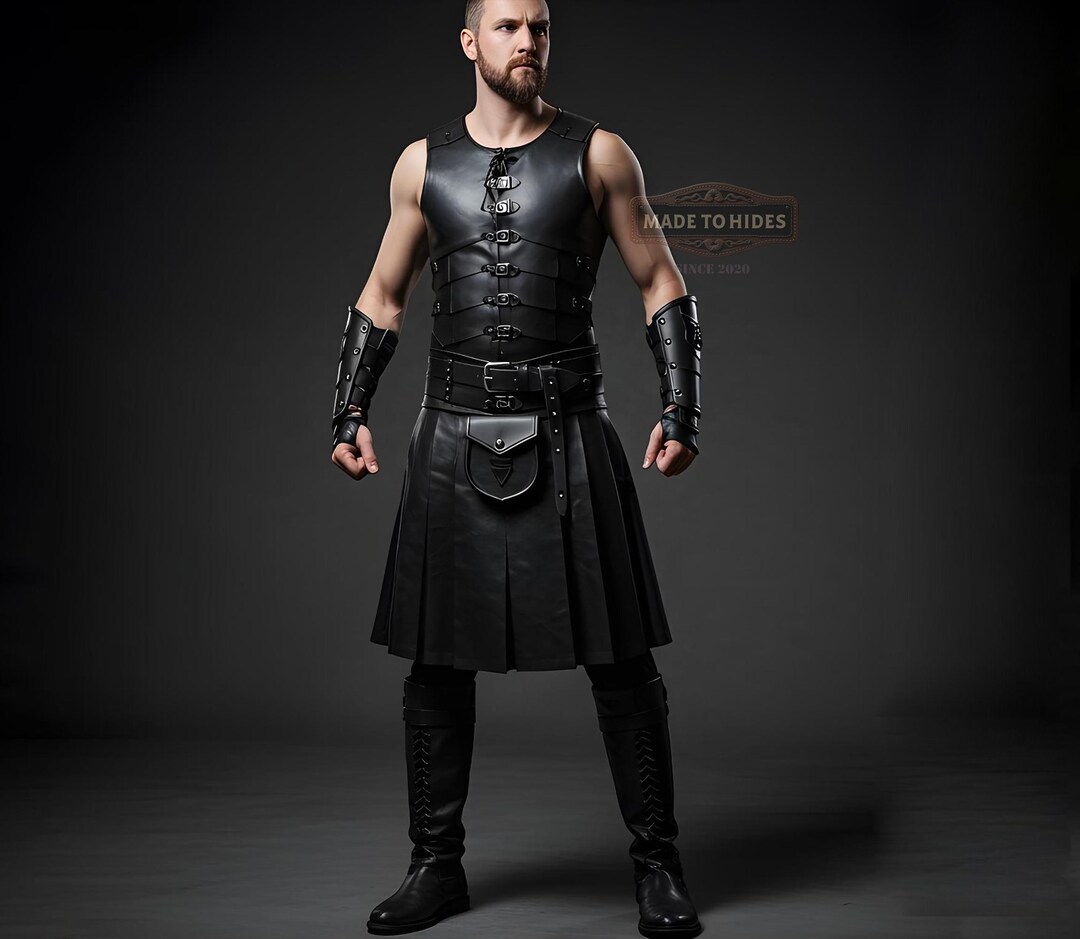 Custom Black Leather Medieval Armor Vest Kilt Set | Men's Cosplay Kilt ...