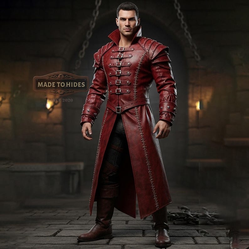 Men's Genuine Red Leather Gothic Trench Coat, Steampunk Vampire Duster ...
