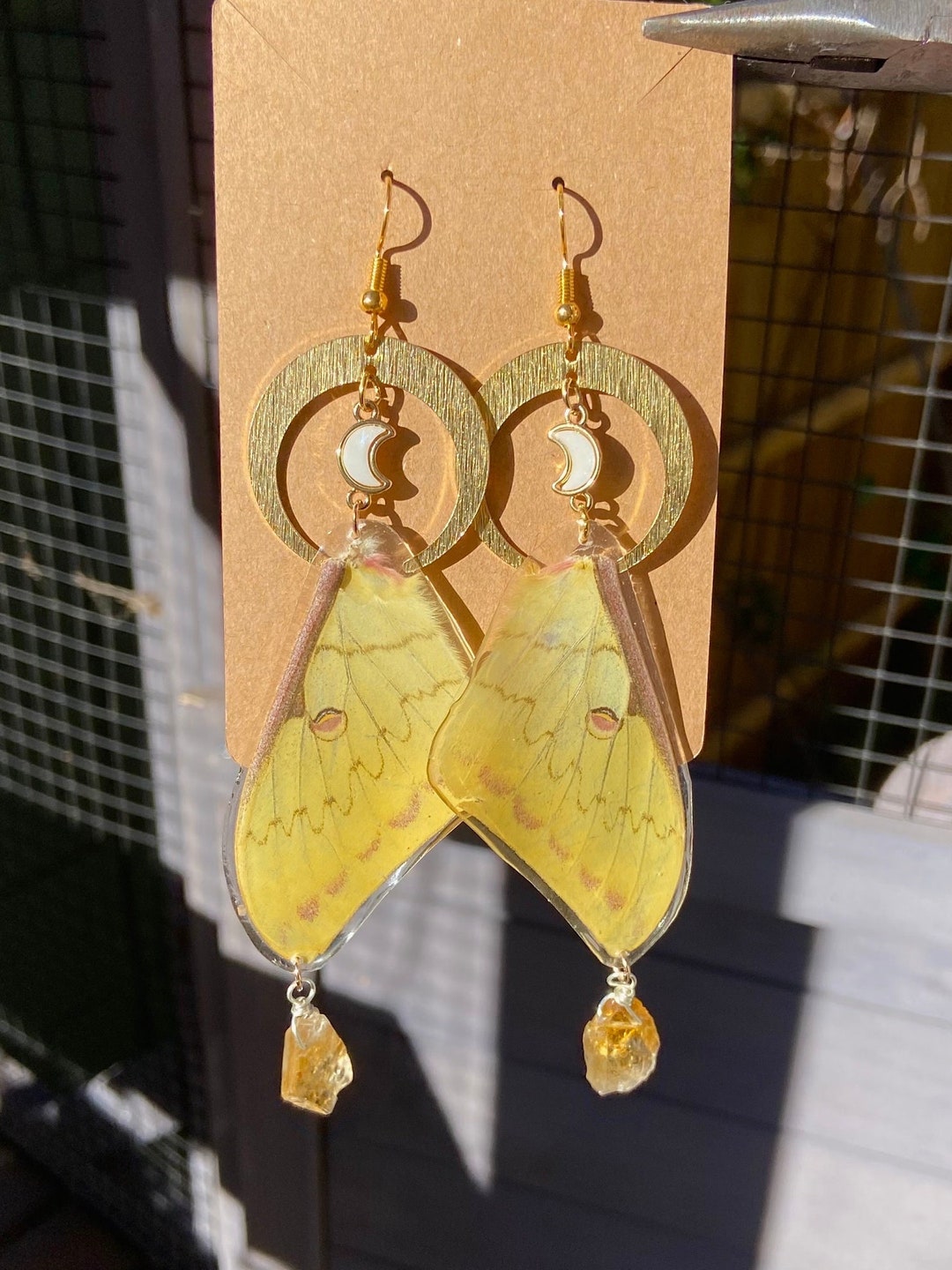 Handmade REAL Golden Moon Moth Wing Earrings resin Casted Jewelry Gold ...