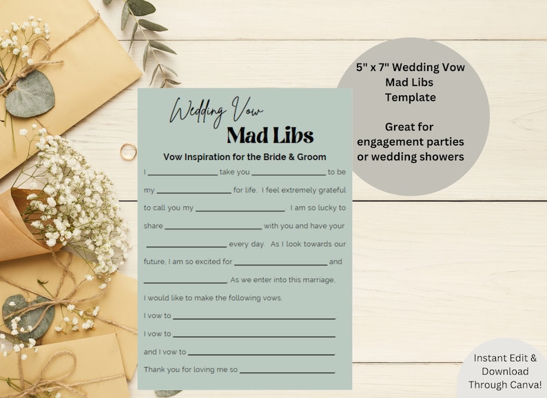 Wedding Vow Mad Libs Game Template, Wedding Game for Engagement Parties ...