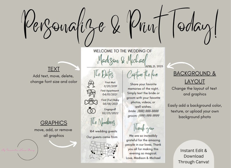 Fun Wedding Infographic Template, Modern Wedding Program With Icons ...