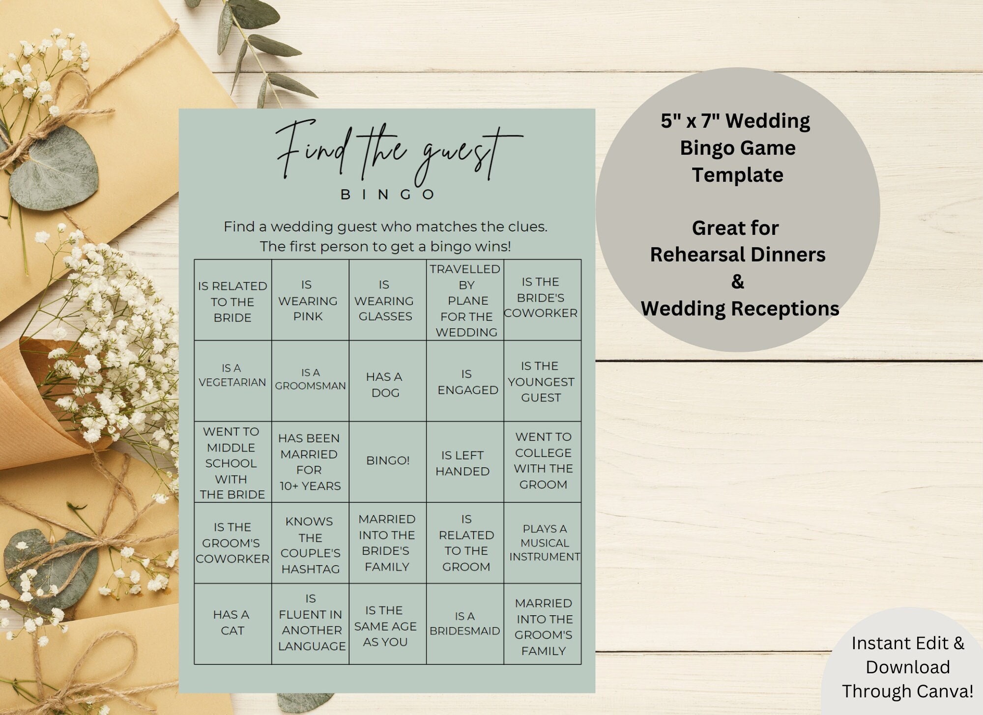 Find the Guest Wedding Bingo Game, Rehearsal Dinner Bingo Cards ...