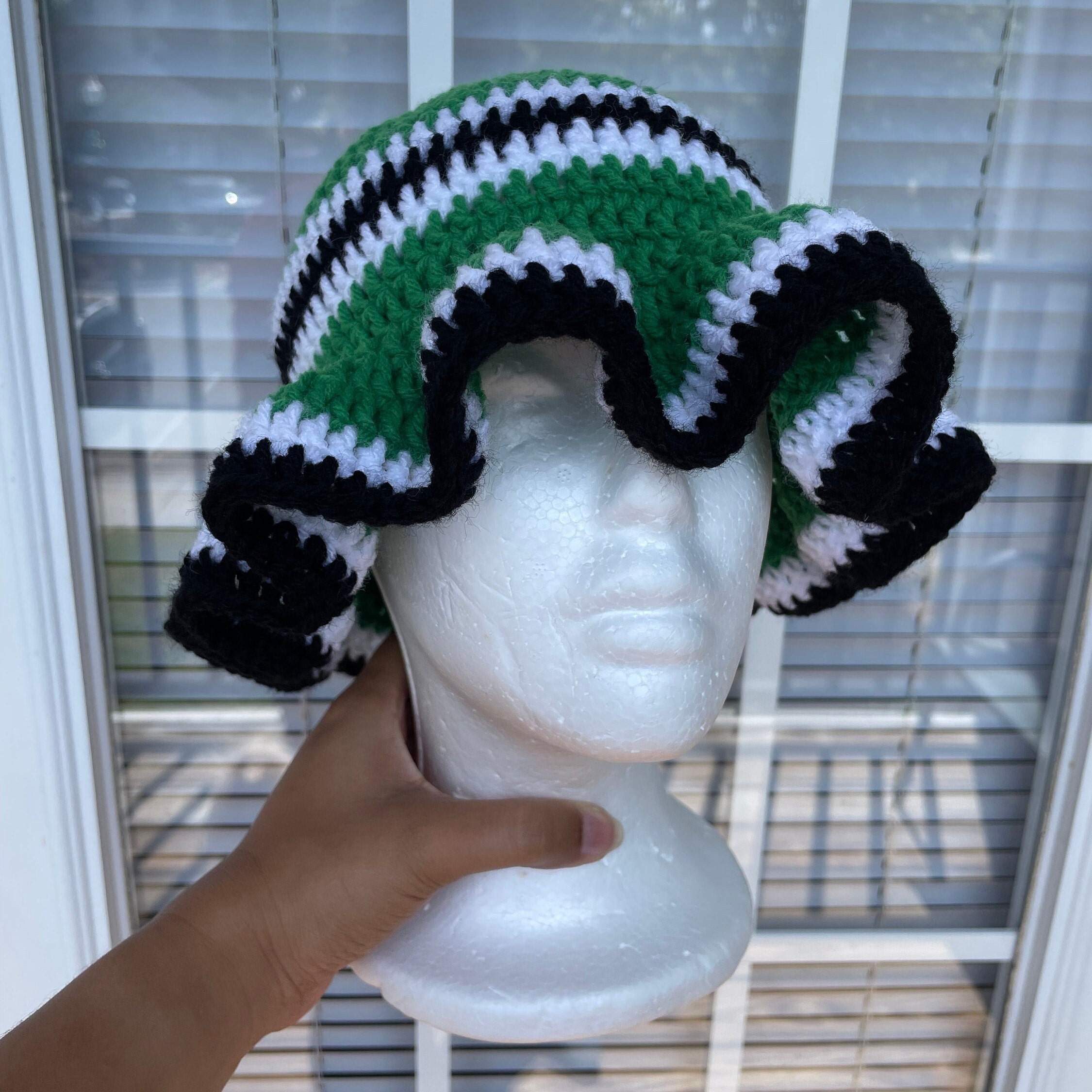 Green, White, and Black Crochet Wavy Bucket Hat Handmade Sun Hat ...
