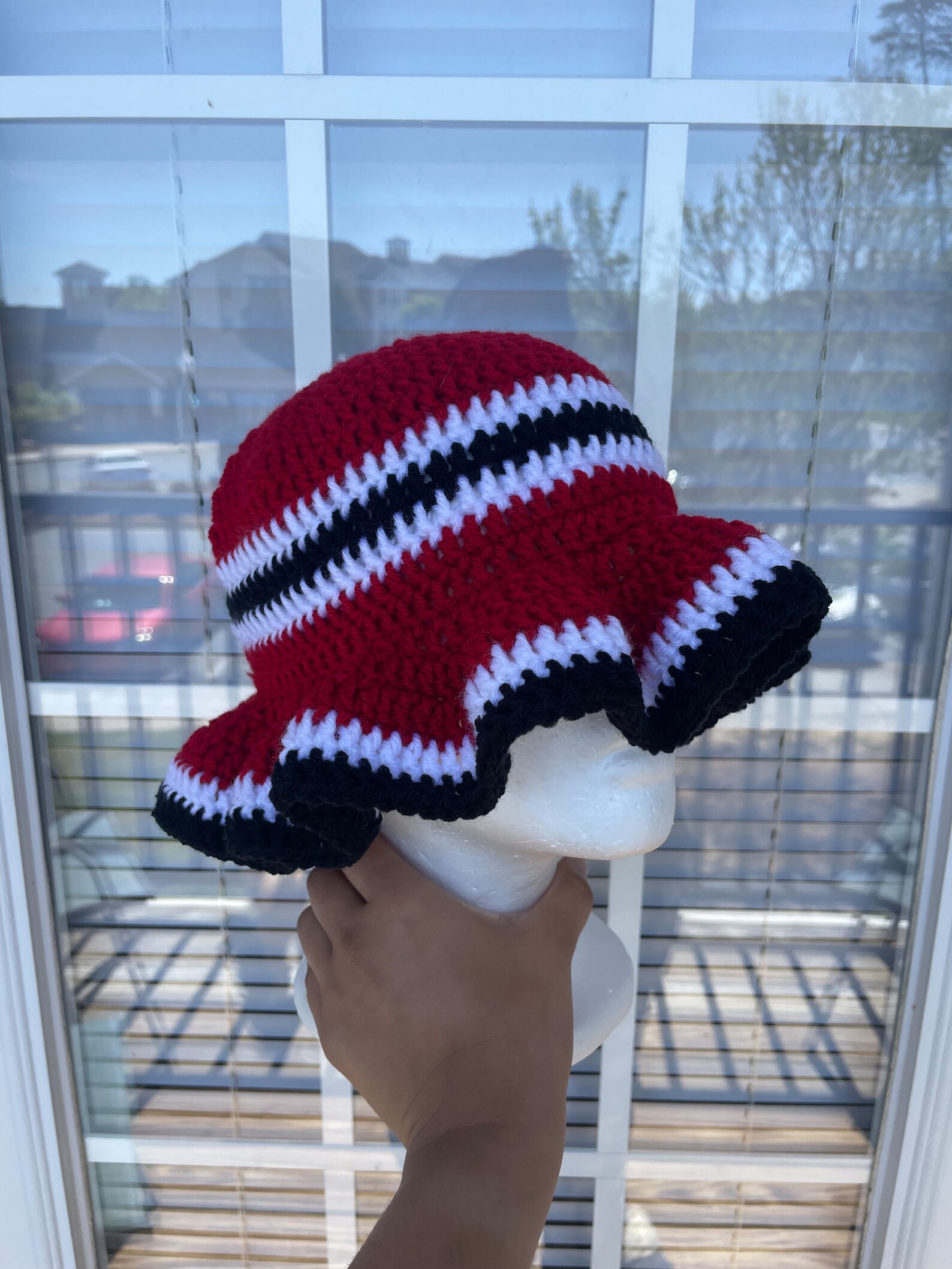 Red, White, and Black Crochet Wavy Bucket Hat Handmade Sun Hat - Etsy