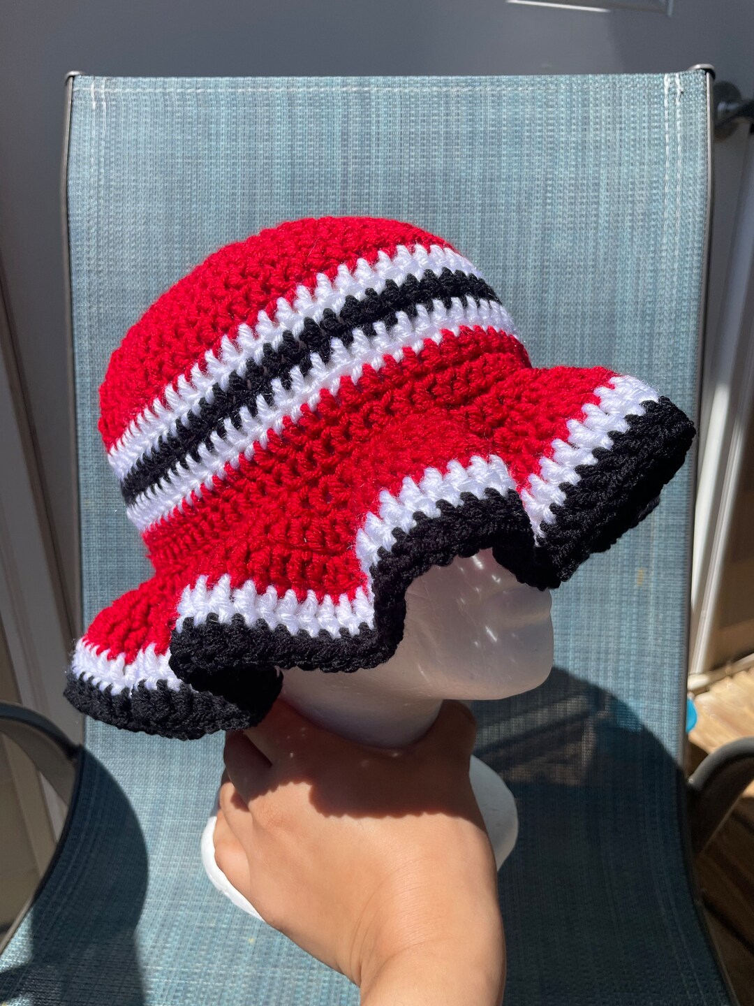 Red, White, and Black Crochet Wavy Bucket Hat Handmade Sun Hat - Etsy