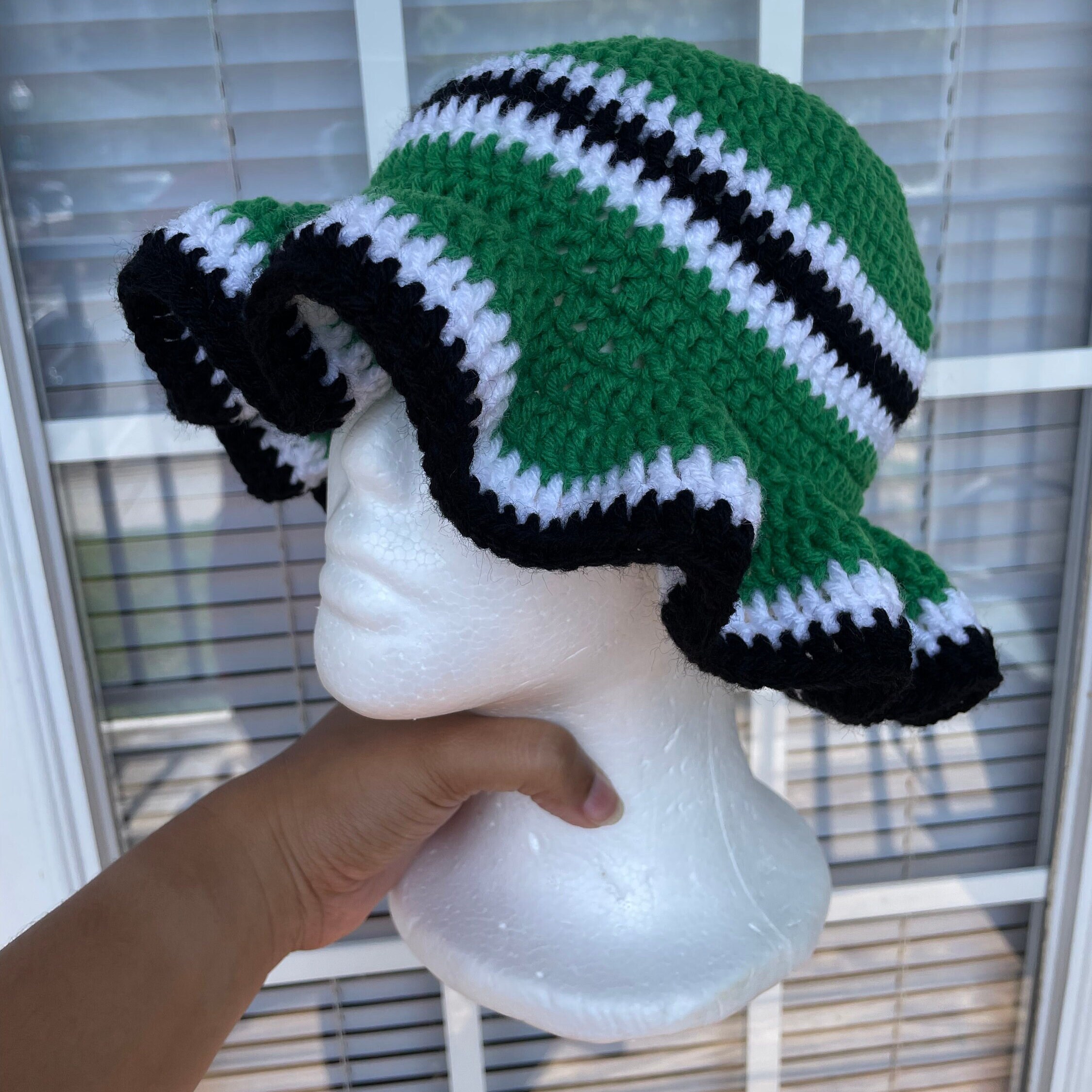 Green, White, and Black Crochet Wavy Bucket Hat Handmade Sun Hat ...