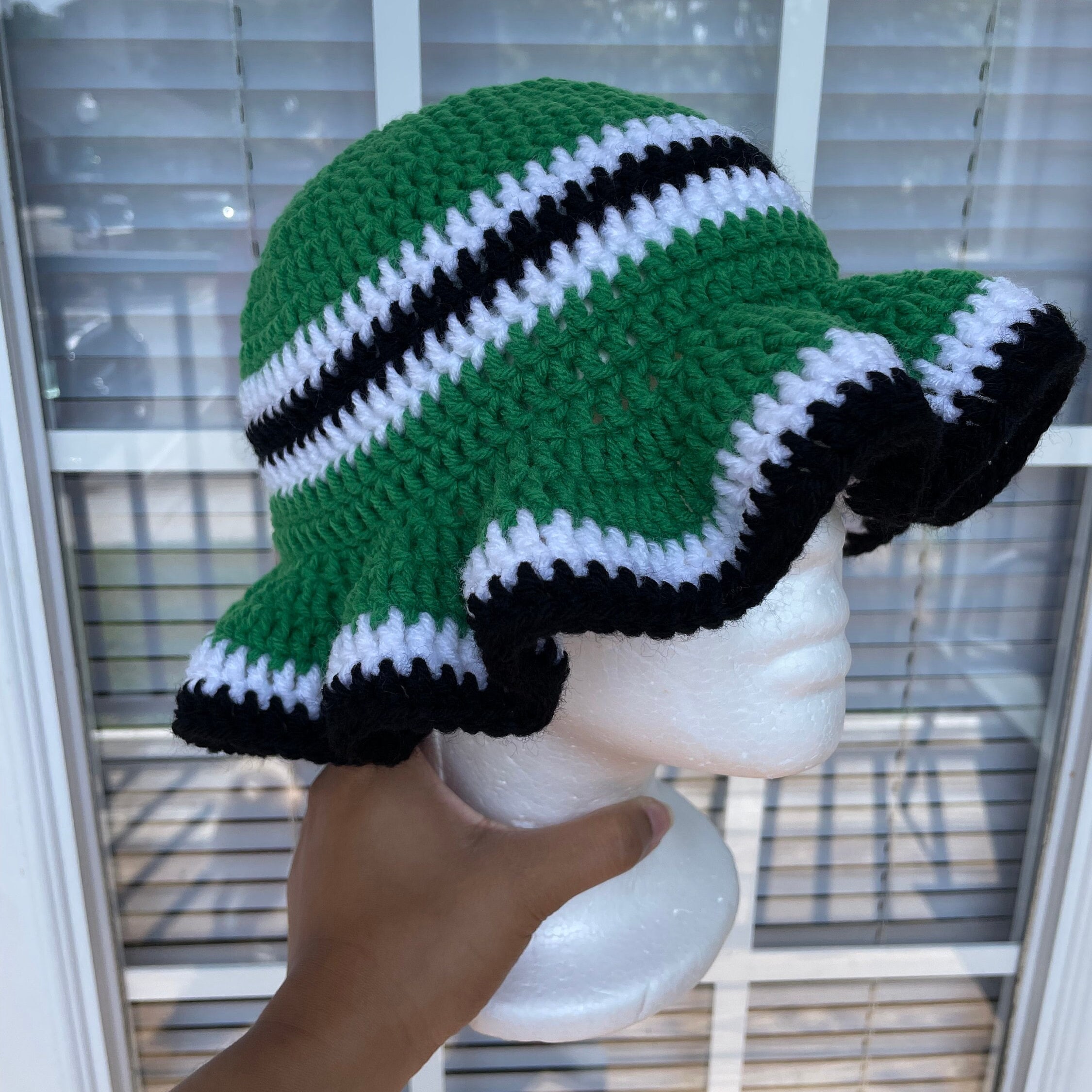 Green, White, and Black Crochet Wavy Bucket Hat Handmade Sun Hat ...