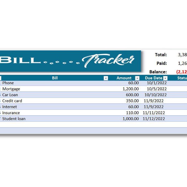 Bill Payment Tracker With Balance - Etsy