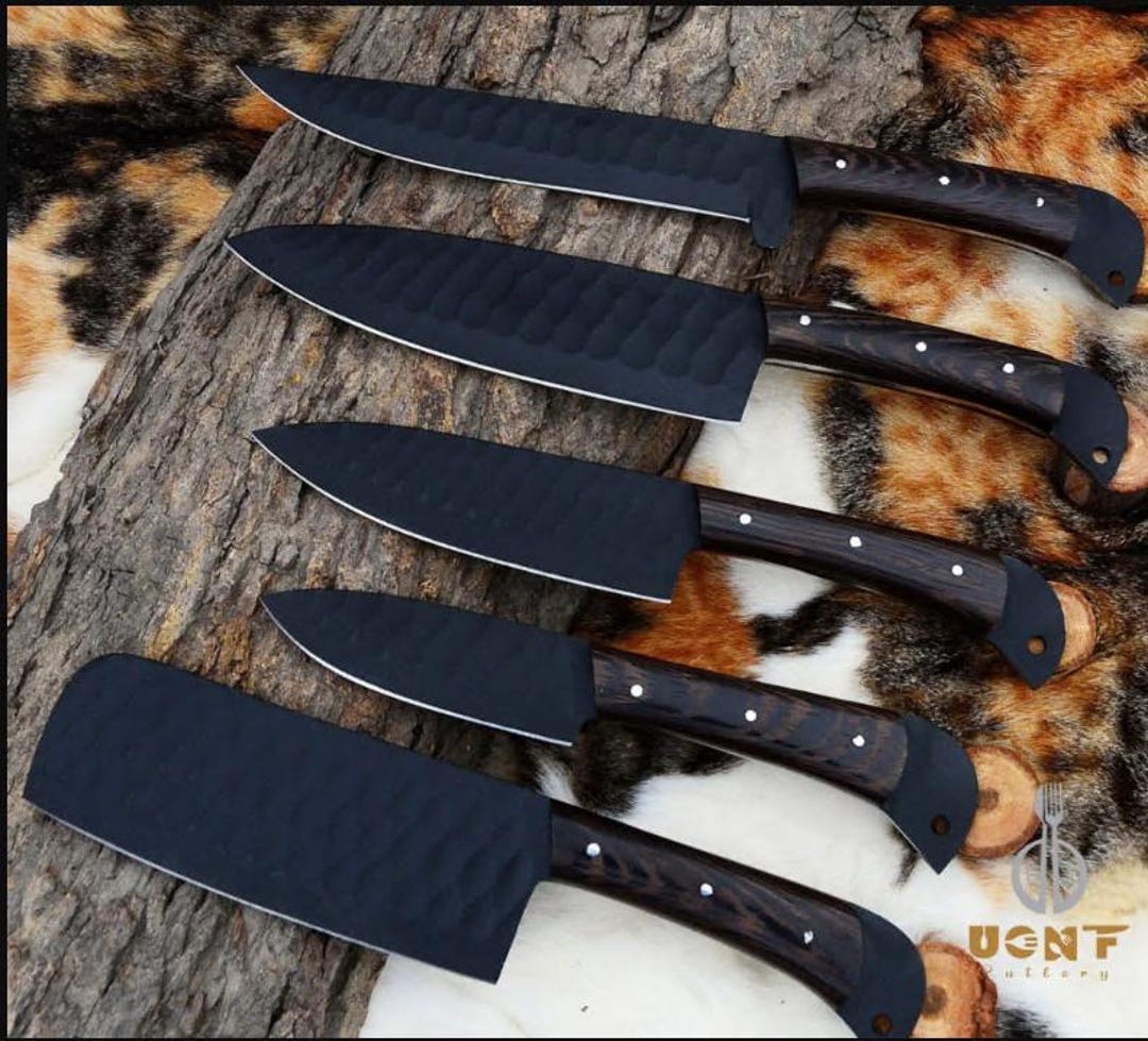 Black Powder Coated Chef Knife Set of 5, Hand-forge BBQ Knifes, Kitchen ...