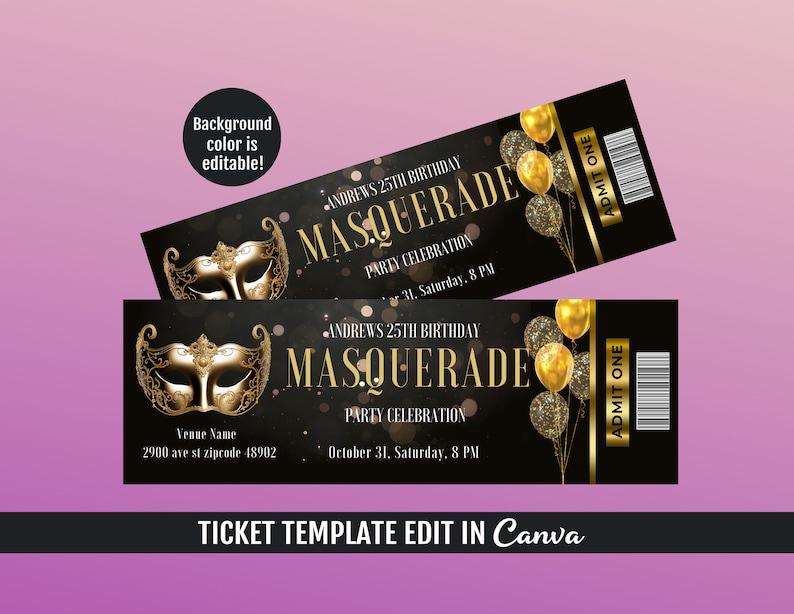Masquerade Birthday Ticket Template, Masquerade Ball Ticket Template ...