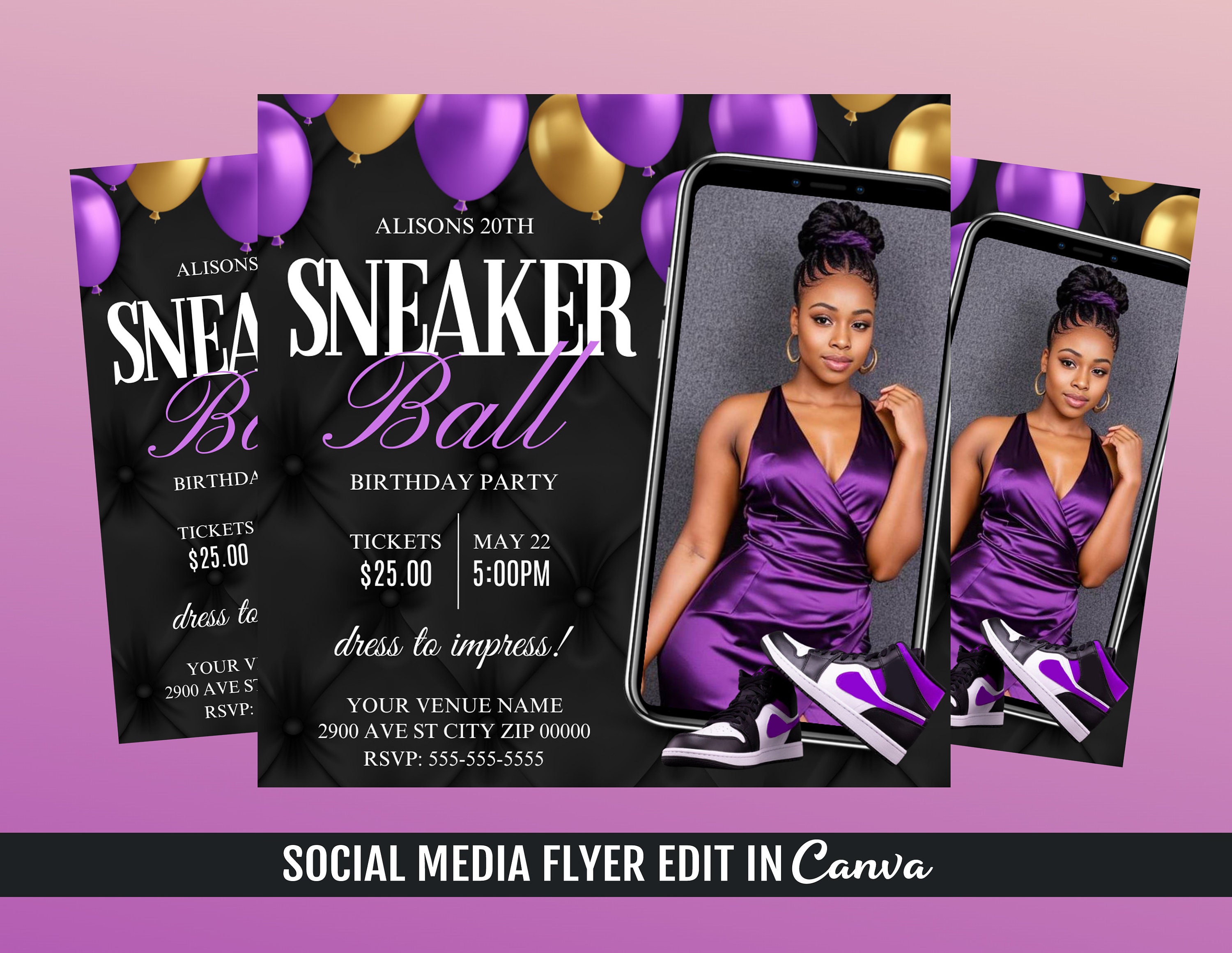 Sneaker Ball Flyer, Sneaker Ball Birthday Invite, Purple Sneaker Ball ...