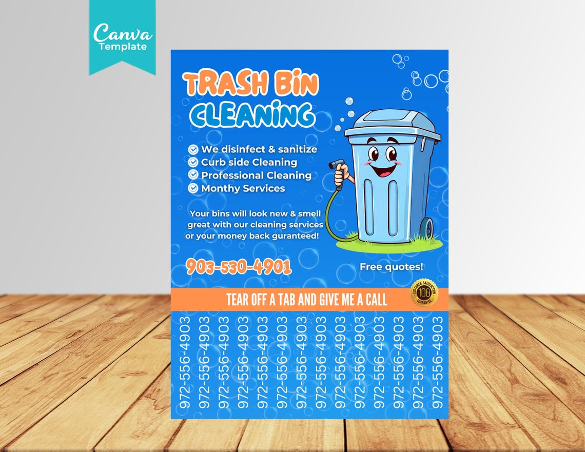 Trash Bin Cleaning Flyer Tear off a Tab Template - Etsy