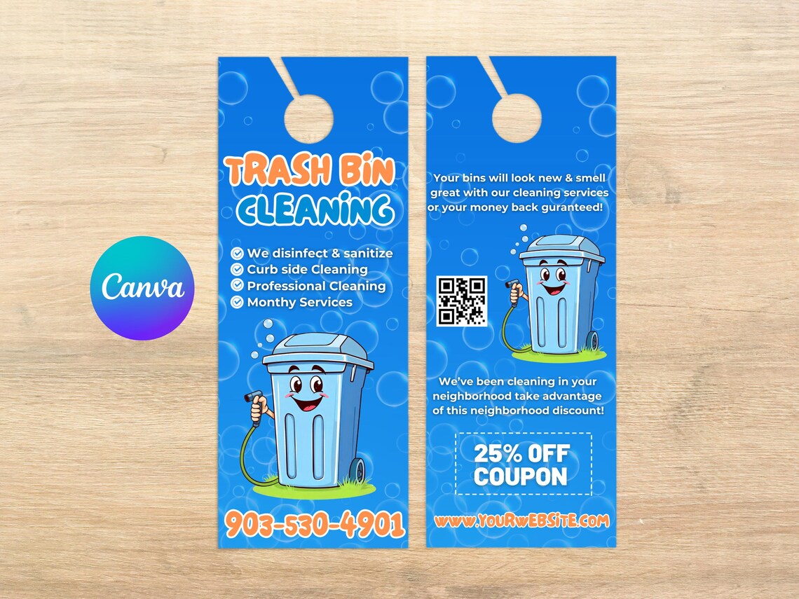 Trash Bin Cleaning Door Hanger Template, Front and Back Design ...