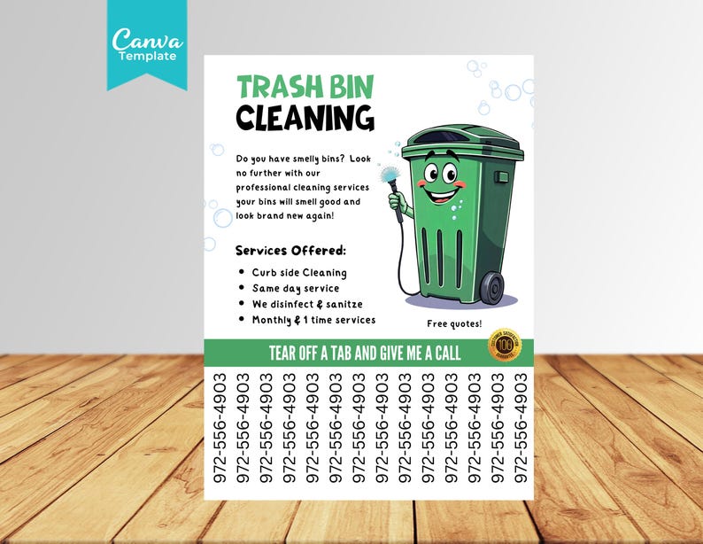 Trash Bin Cleaning Flyer Tear off a Tab Template - Etsy