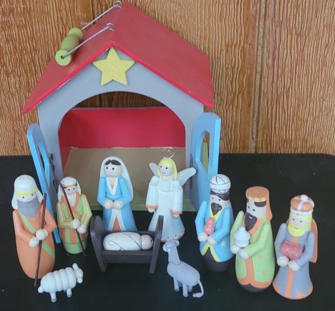 Vtg Wooden Nativity Set Painted With Handle Christmas by - Etsy