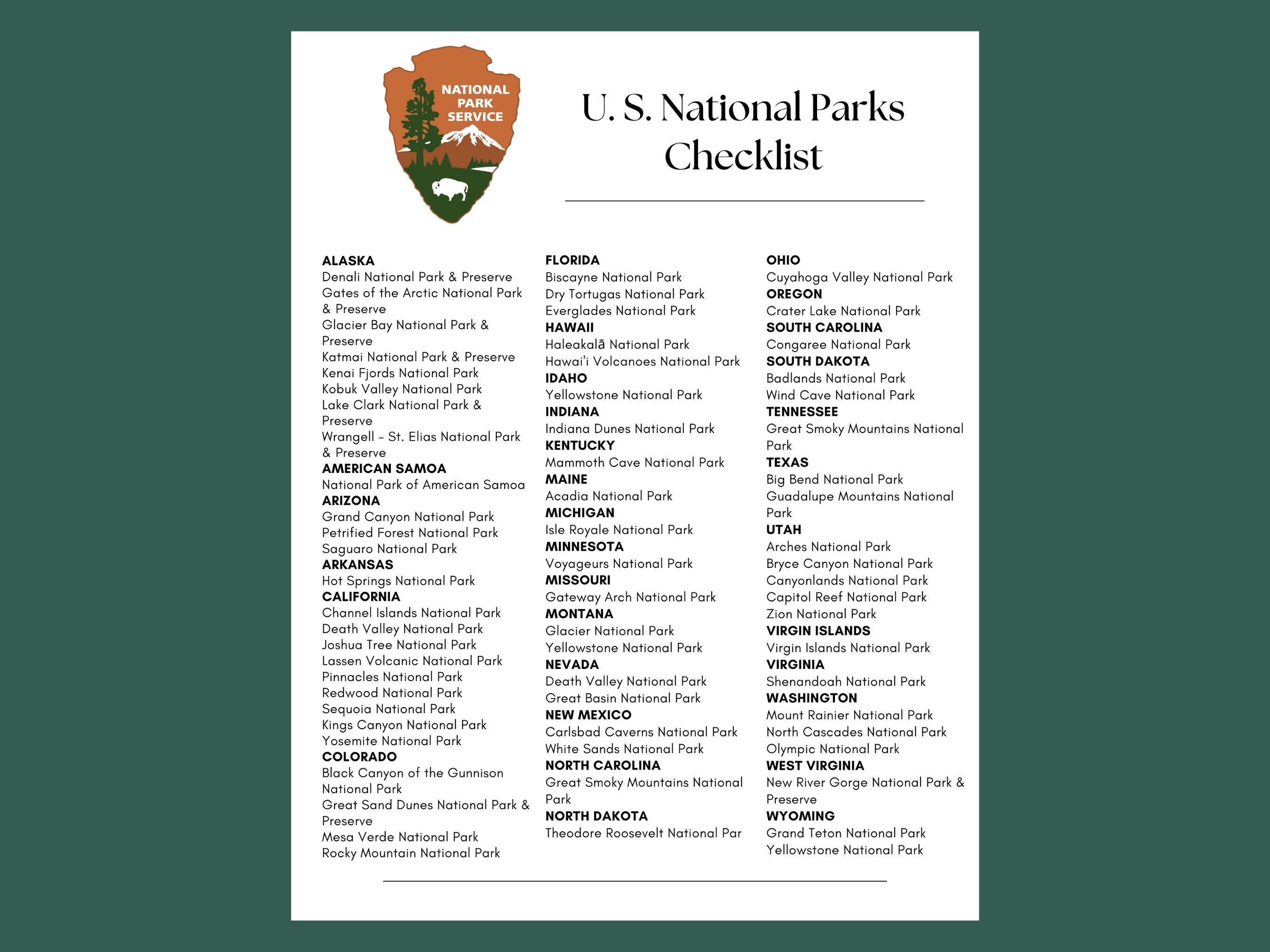 National Parks Checklist National Park Printable Bucket List - Etsy