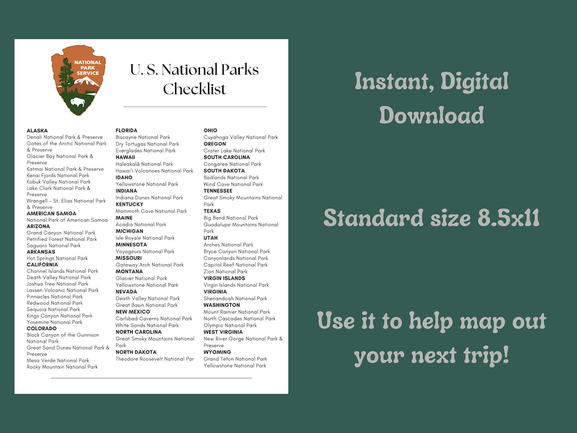 National Parks Checklist, National Park Printable, Bucket List Travel ...