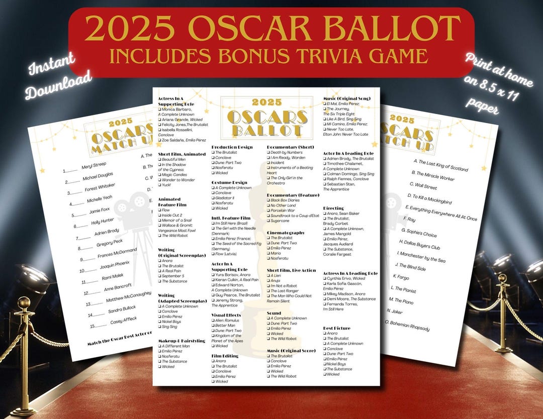 2025 Printable Oscars Ballot, Bonus Party Trivia Game, 2025 Oscars ...
