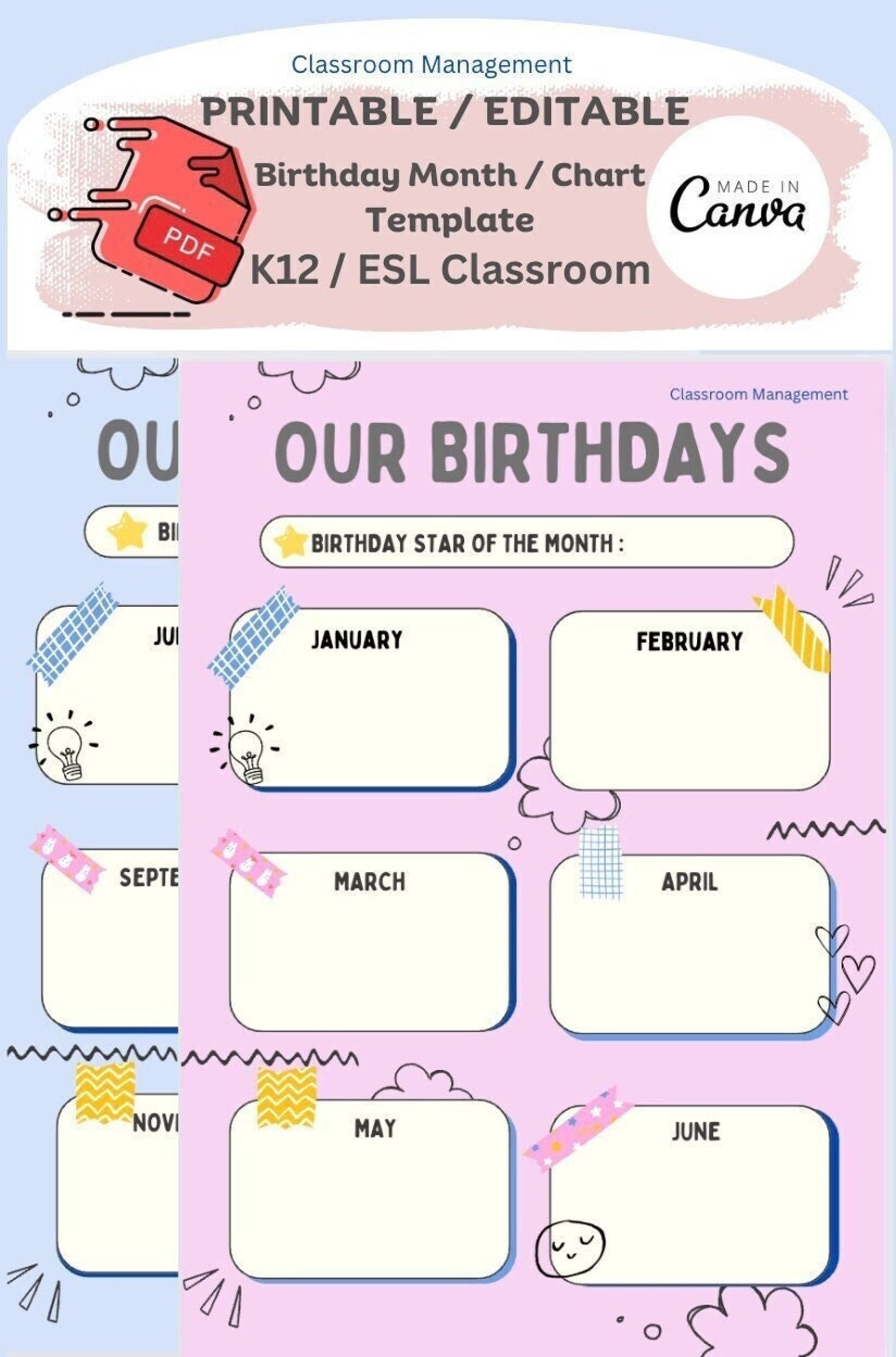 Birthday Month / Chart for K12 / ESL Classroom Editable PDF / Printable ...