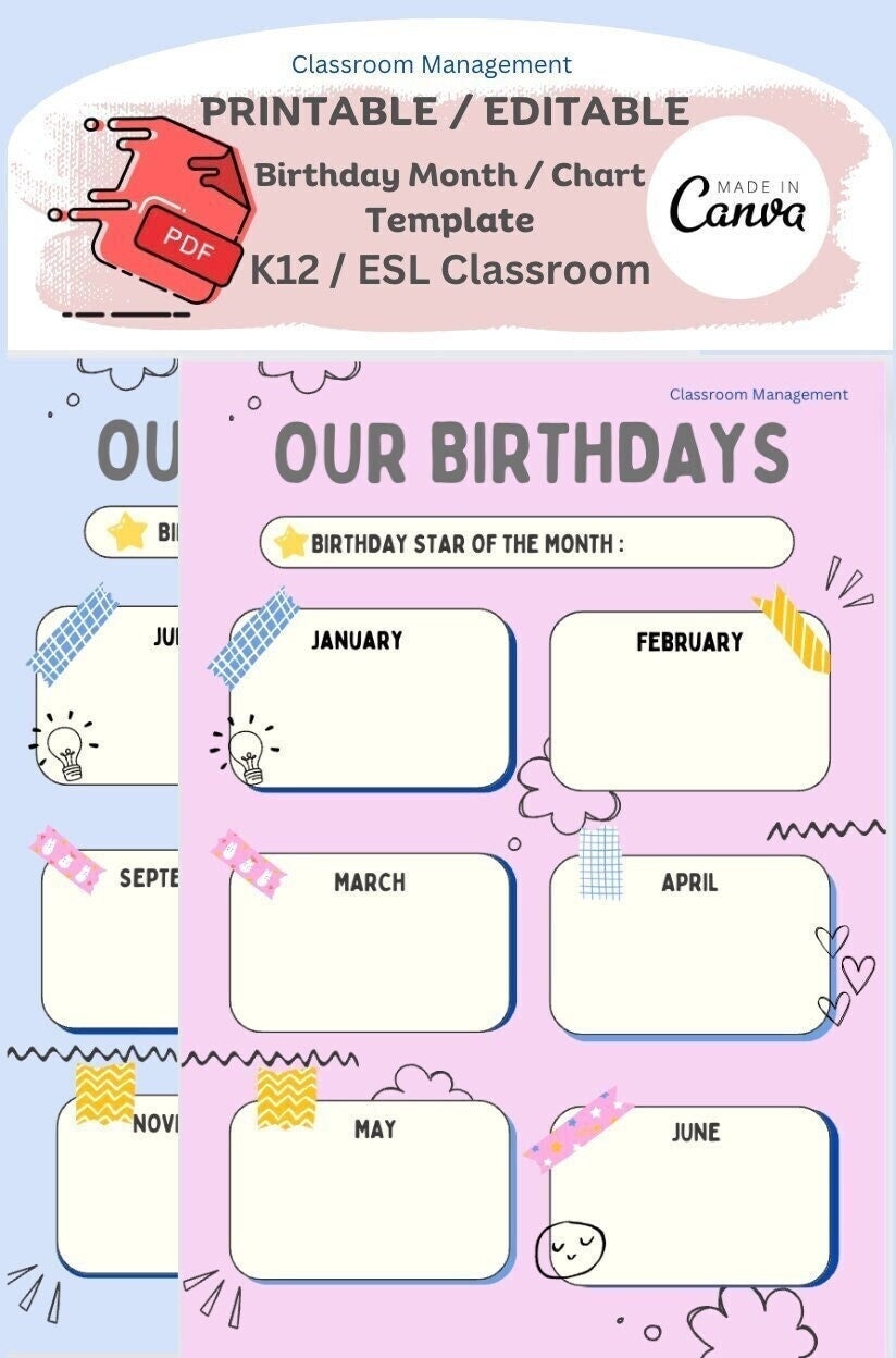 Birthday Month / Chart for K12 / ESL Classroom Editable PDF / Printable ...