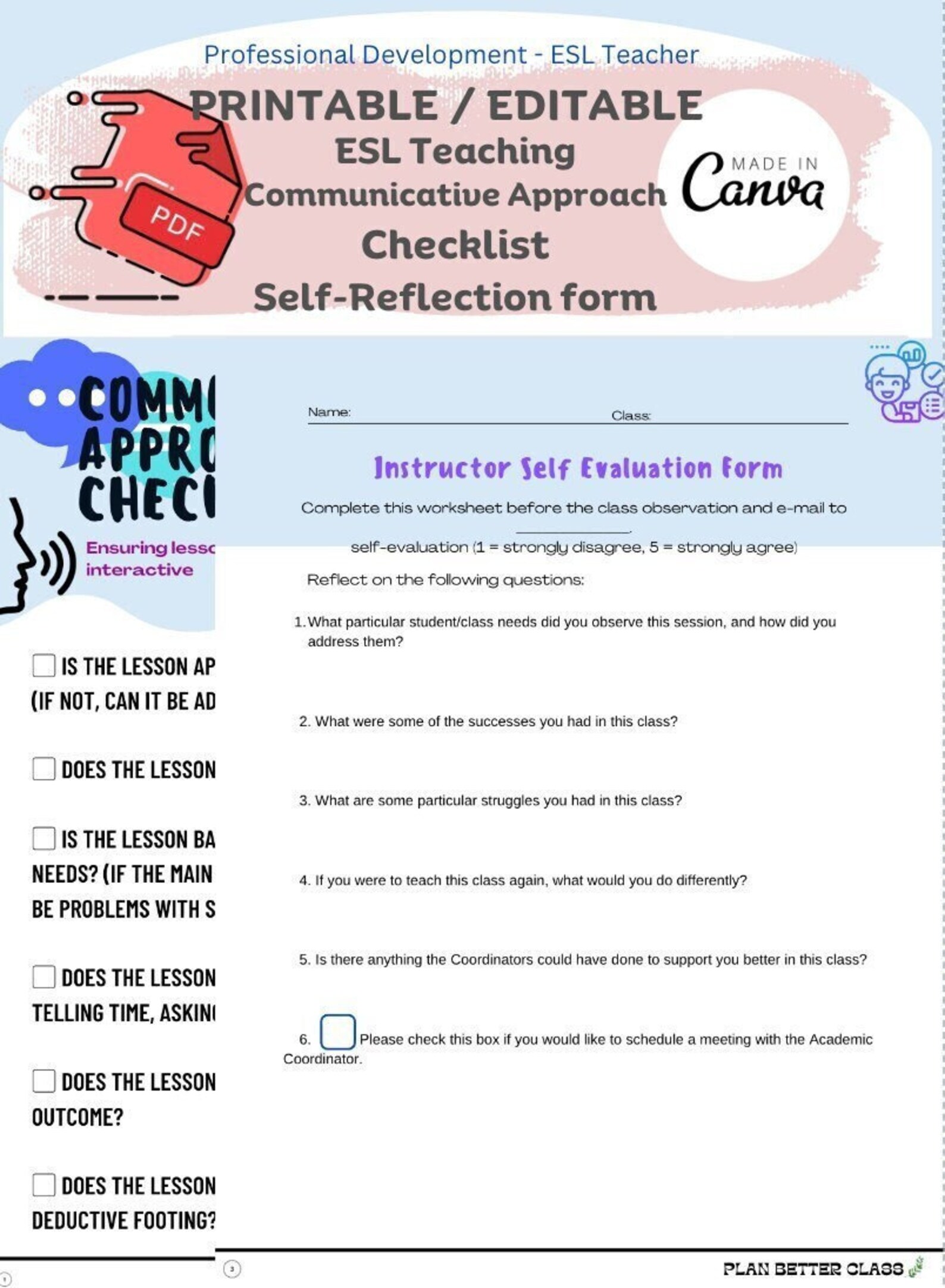 Communicative Approach Checklist /self-reflection Form for New ESL ...