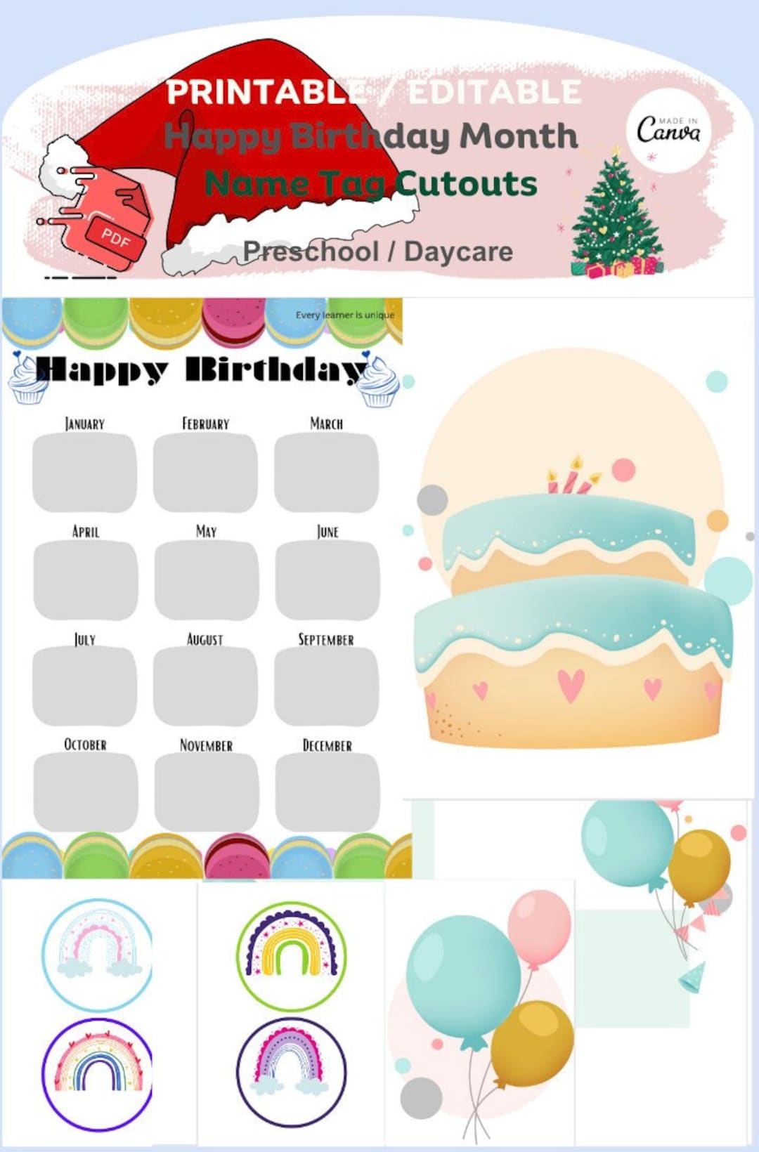 Happy Birthday Month / Name Tag Cutouts A4 ( 8 X 11") Printable ...
