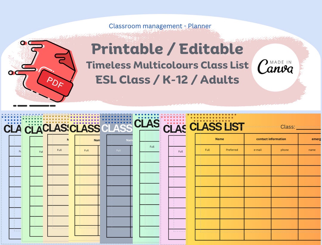 Timeless Multicolour Class Roster for ESL / Adults Classroom Management ...