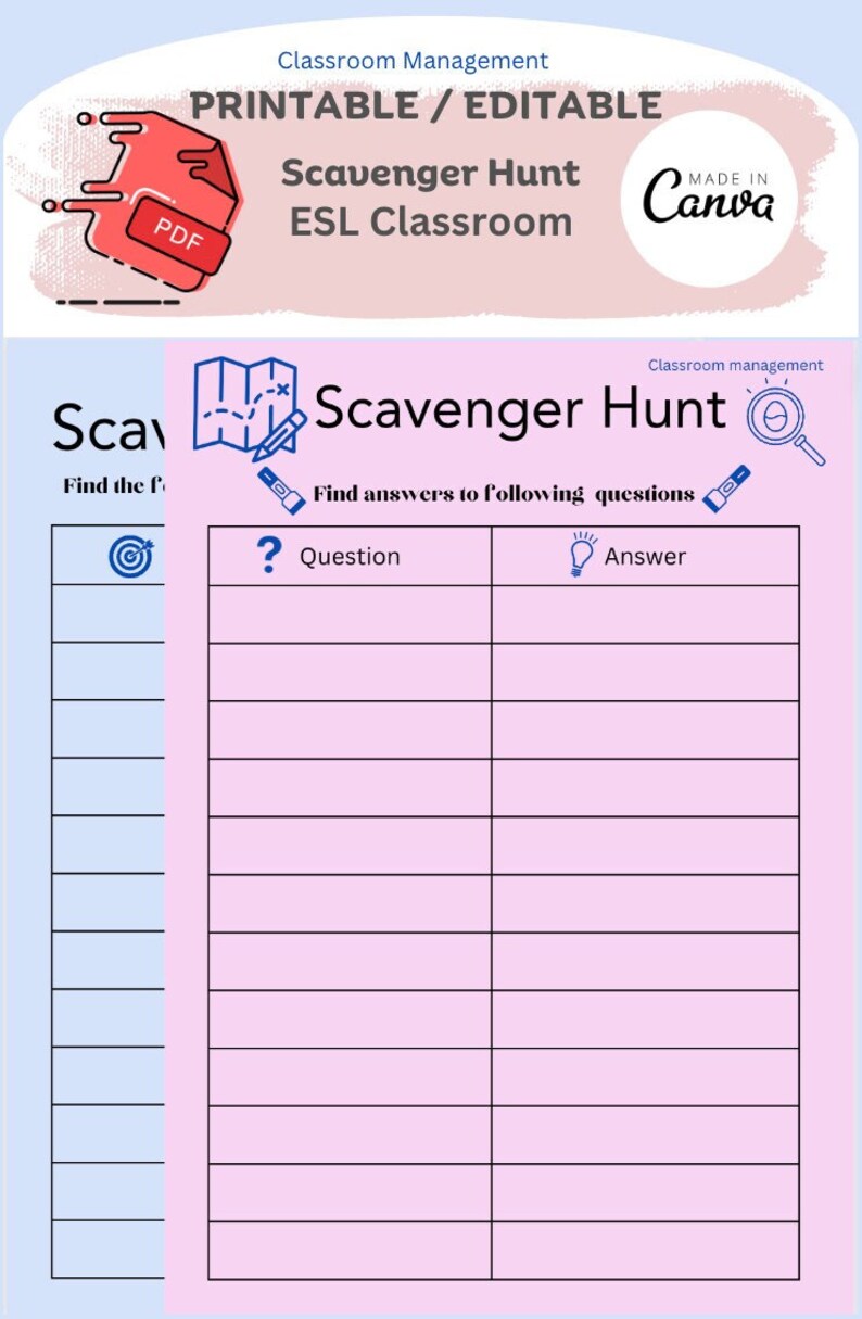 Scavenger Hunt Template for ESL Classroom Editable PDF on Canva ...