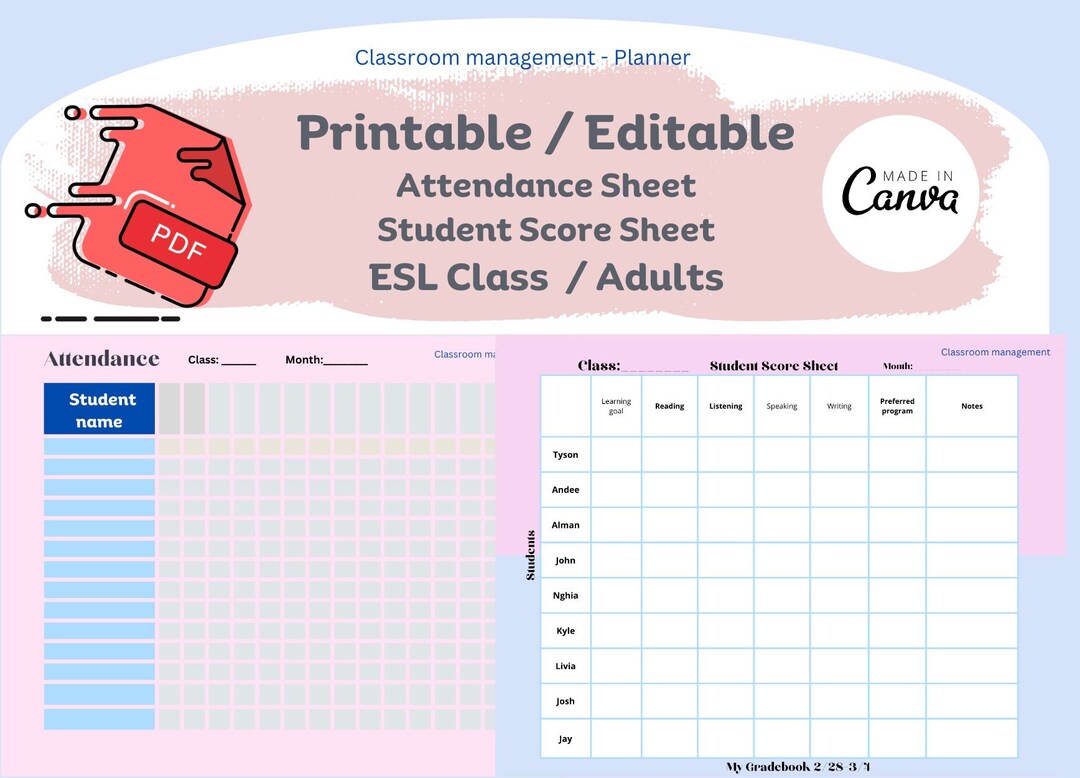 Printable PDF and Canva Editable Attendance / Student Score Sheet ...