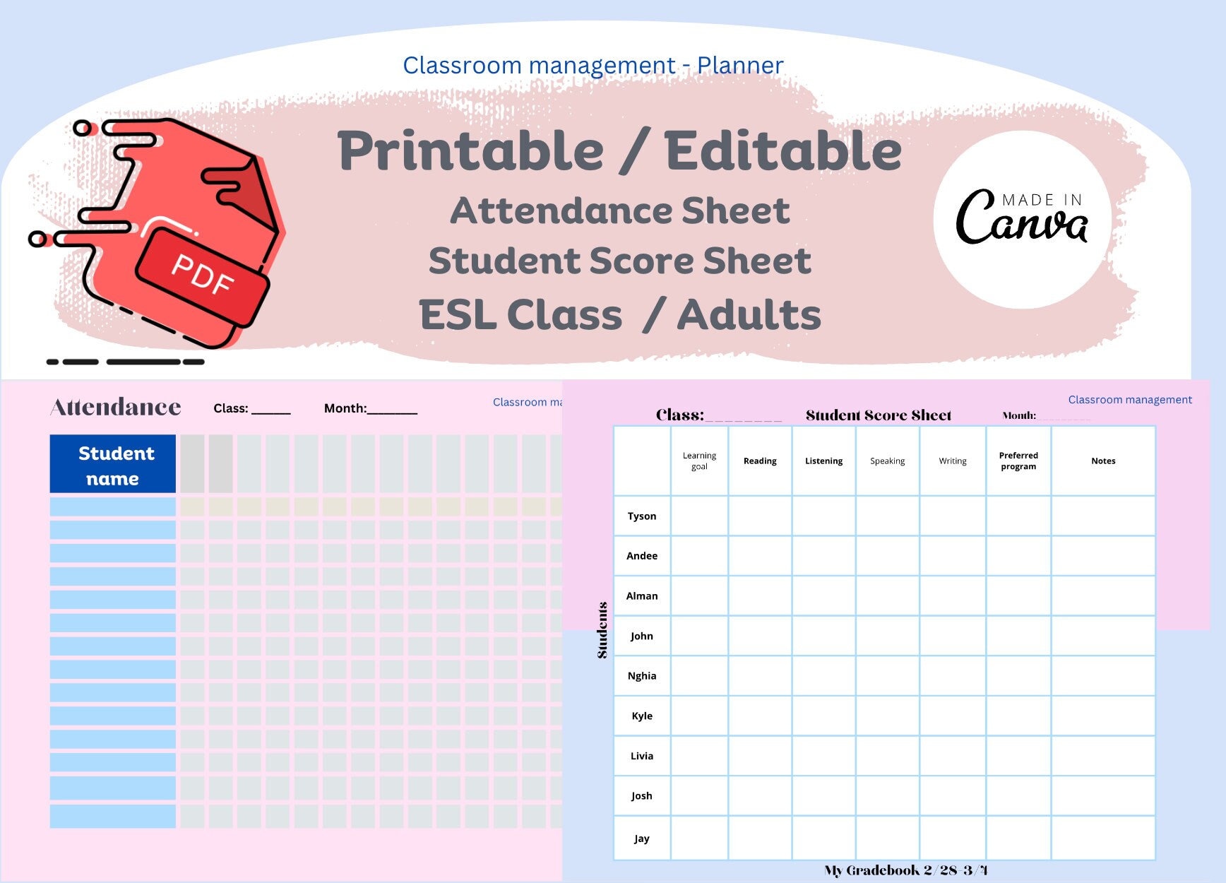 Printable PDF and Canva Editable Attendance / Student Score Sheet ...
