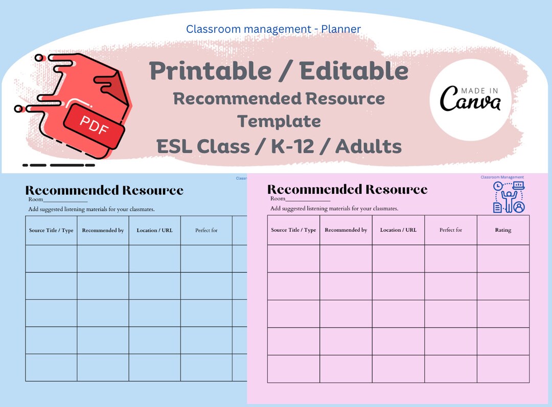 Printable PDF / Editable Recommended Resource A4 for ESL / K-12 ...