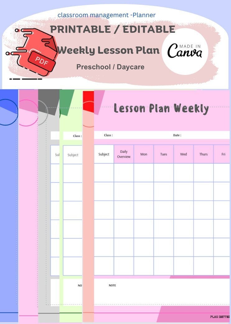 Printable PDF / Editable on Canva / Simple/ Multicolour Weekly Lesson ...